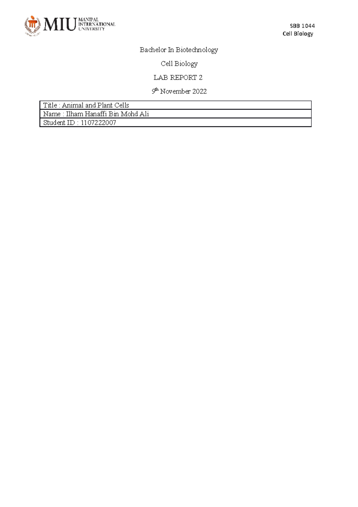 Cell Biology Lab Report 2 (animal and plant cells) - Cell Biology ...
