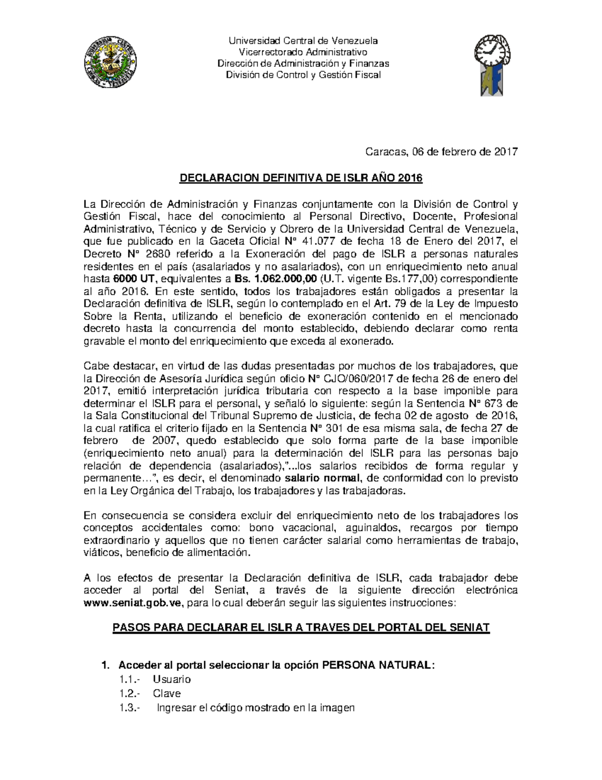 DCGF Instructivo PARA Declarar ISLR 2016 CON LA Exoneracion DE 6000 UT ...