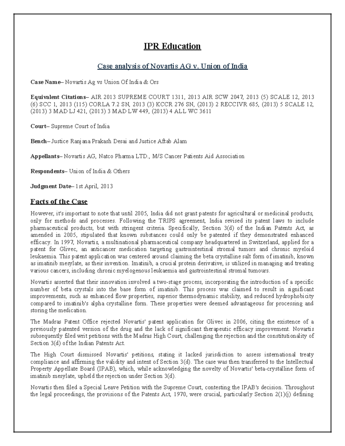 IPR Education case analysis - IPR Education Case analysis of Novartis ...