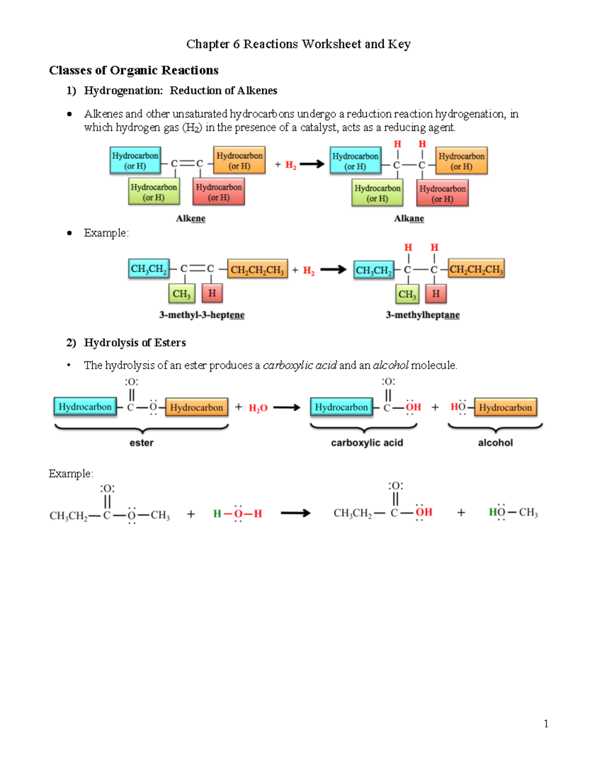 Ch6 reactions worksheet and key 05 7 09 - Classes of Organic Reactions ...