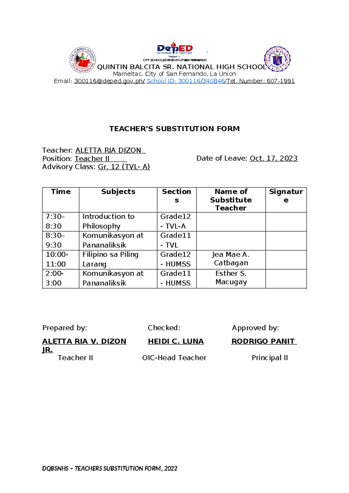 Aletta Substitution form 2023 2024 - DR. QUINTIN BALCITA SR. NATIONAL ...