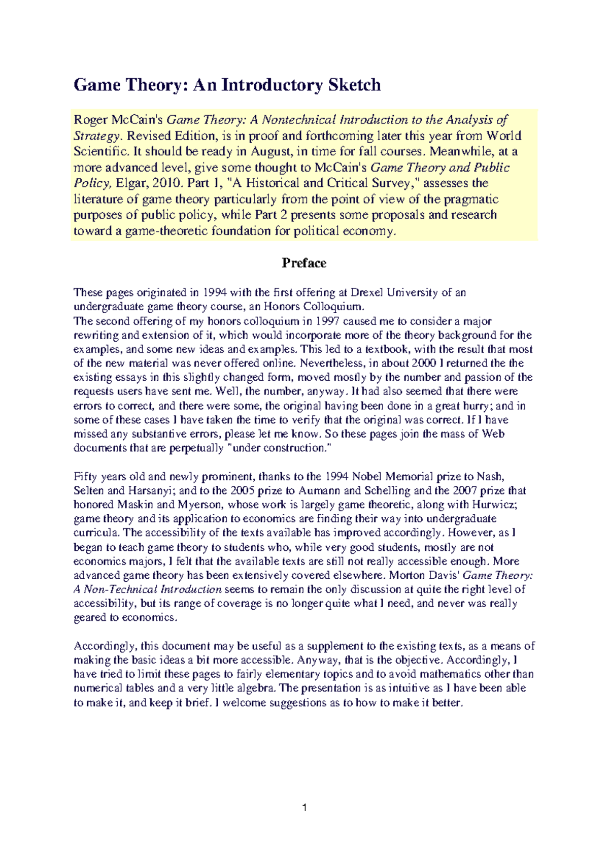 Mc CAIN GAME Theory Introductory Sketch - Game Theory: An Introductory ...