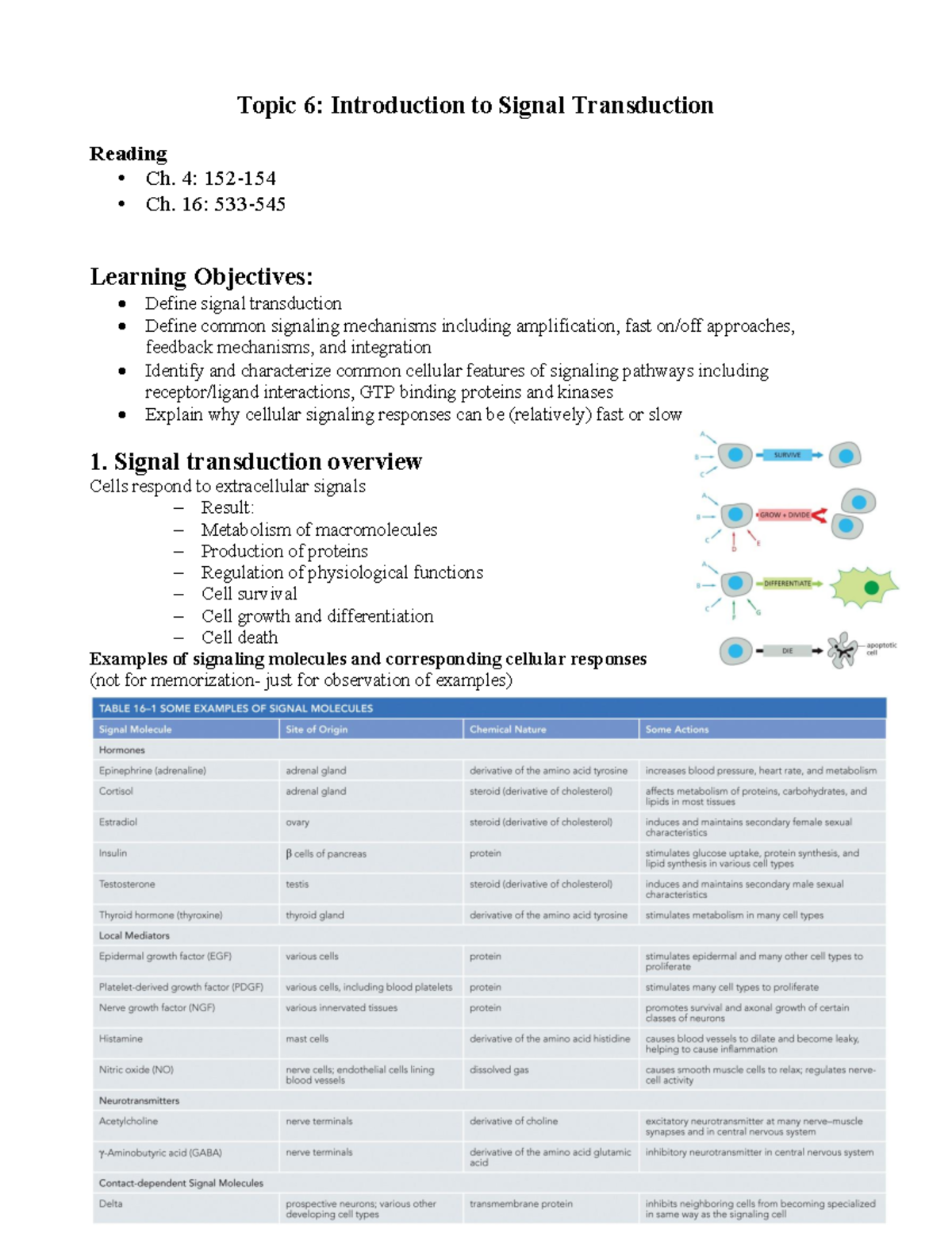 Topic 6 Introduction to Signal Transduction Lecture Outline Msword FALL ...
