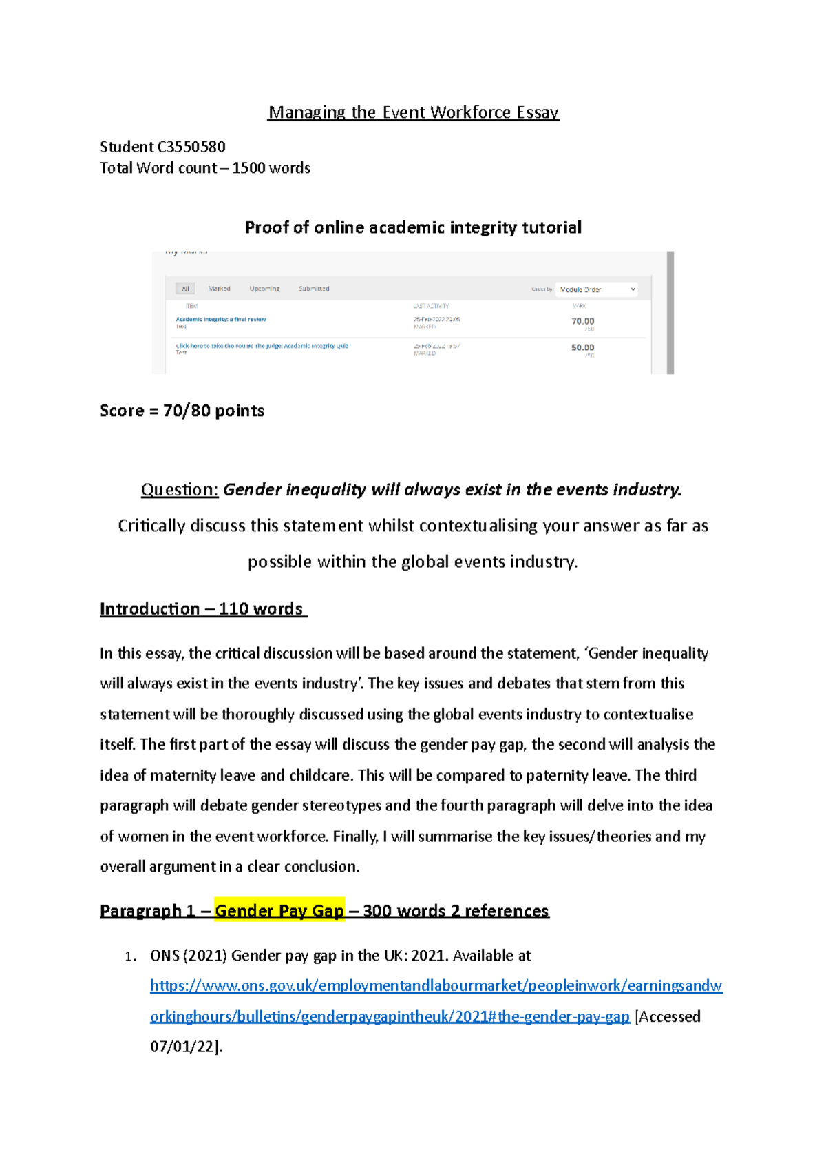 MEW Essay complete - Managing the Event Workforce Essay Student C Total ...