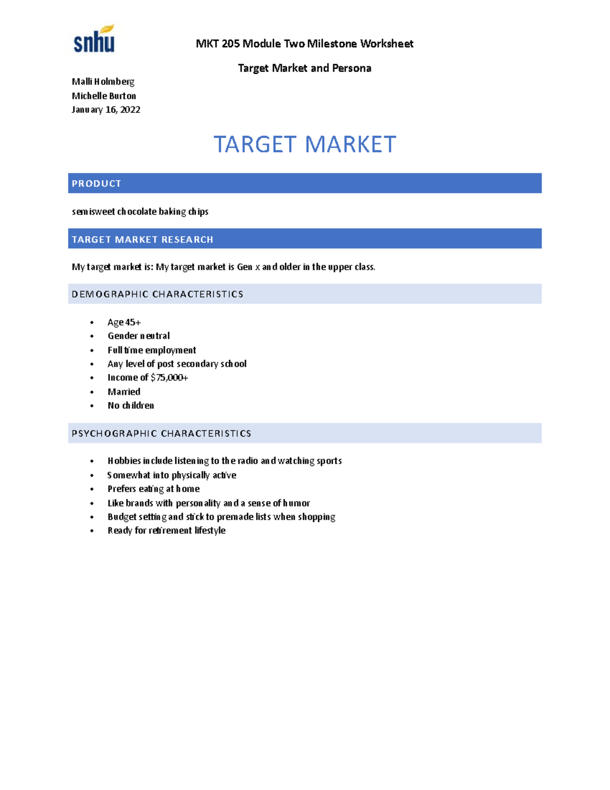 MKT205 Module Two Milestone (Target market and Persona) - MKT 205 ...