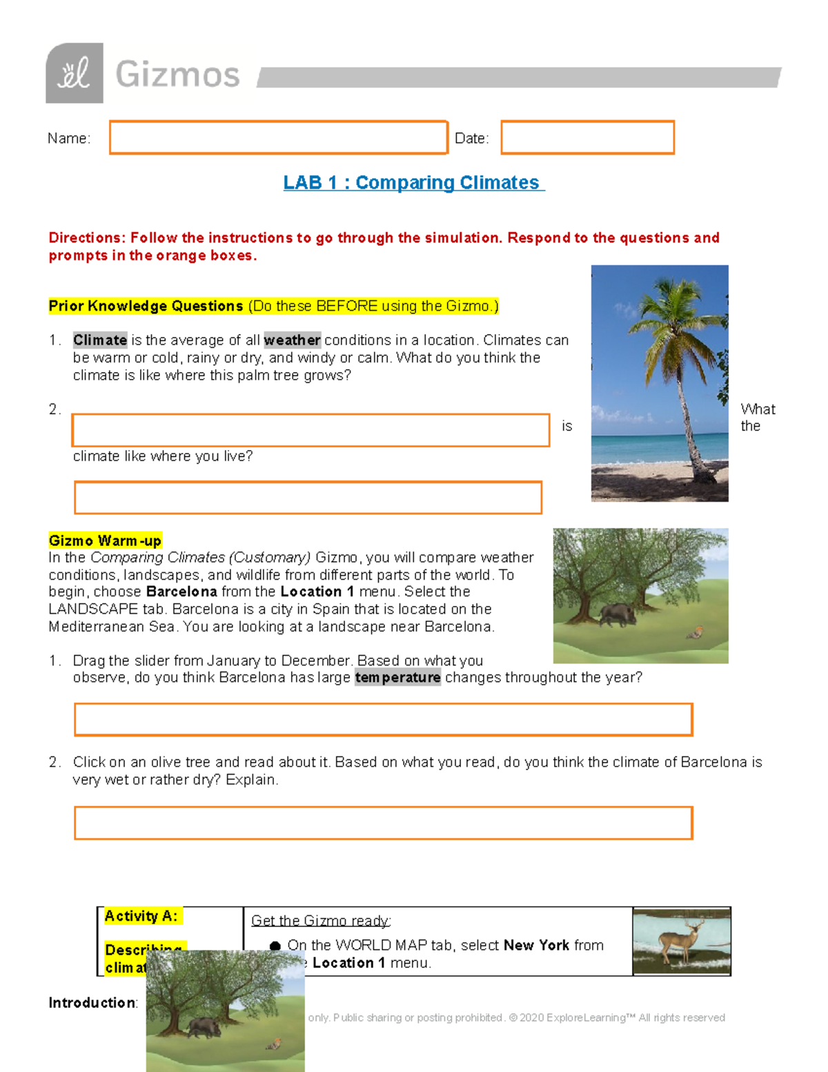 Comparing Climate LAB 1 - Name: Date: LAB 1 : Comparing Climates ...