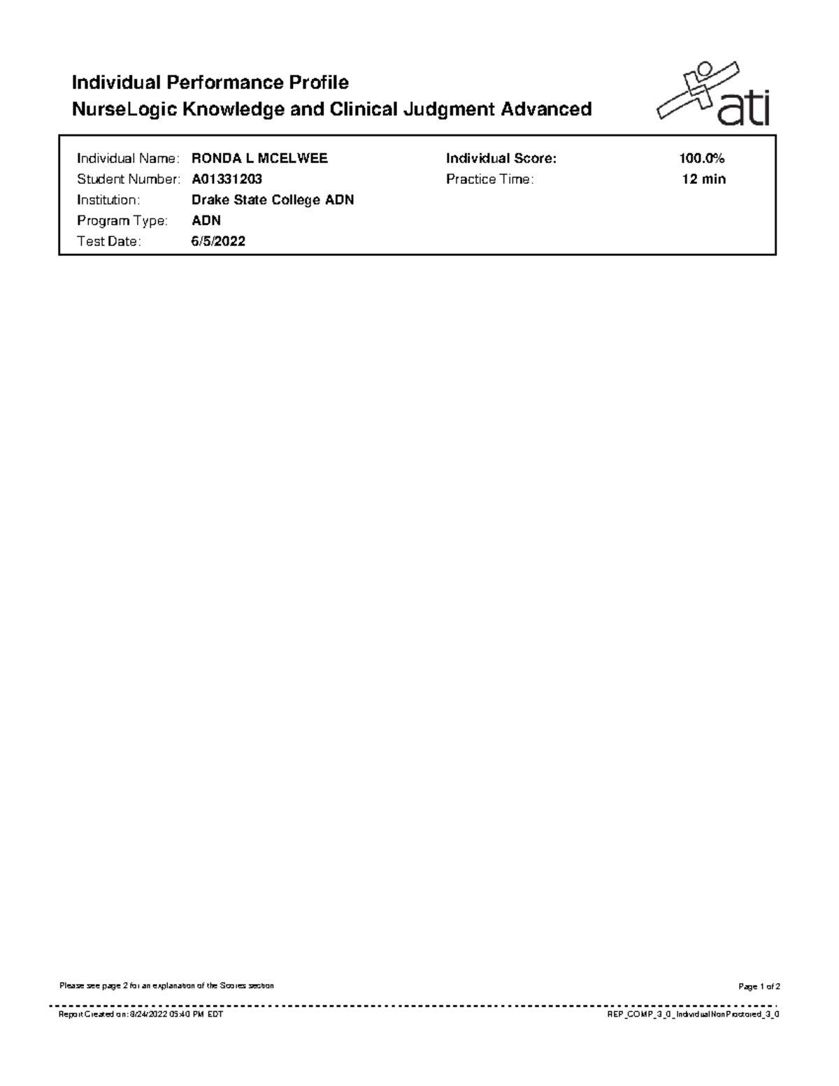 Judgment advanced - ATI - Individual Performance Profile NurseLogic ...