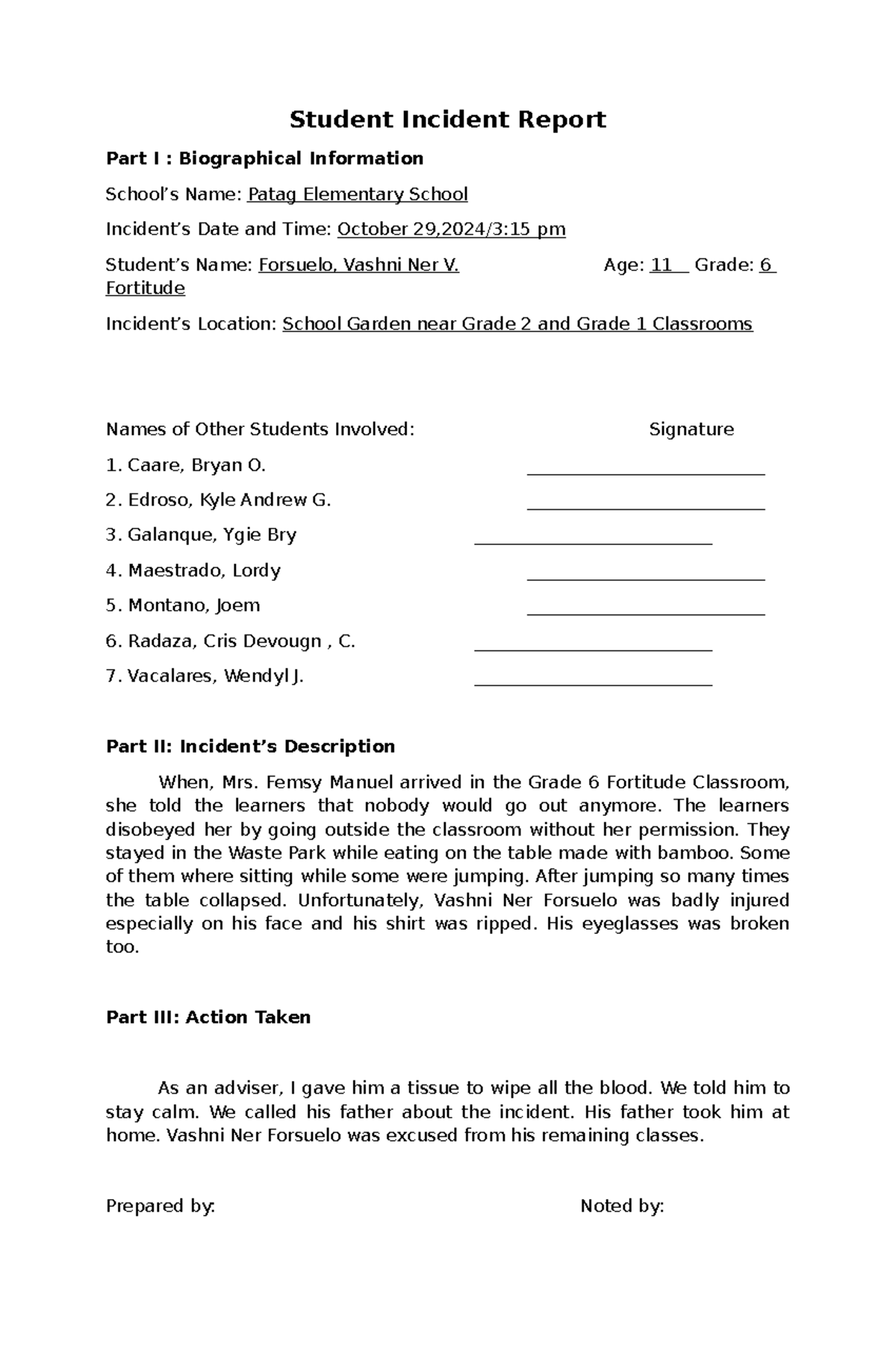 Student Incident Report - Age: 11 Grade: 6 Fortitude Incident’s ...