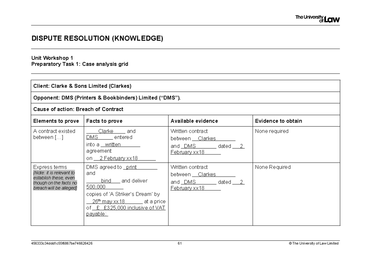 Case anaylsis - Workshop 1 Civil Dispute - DISPUTE RESOLUTION ...