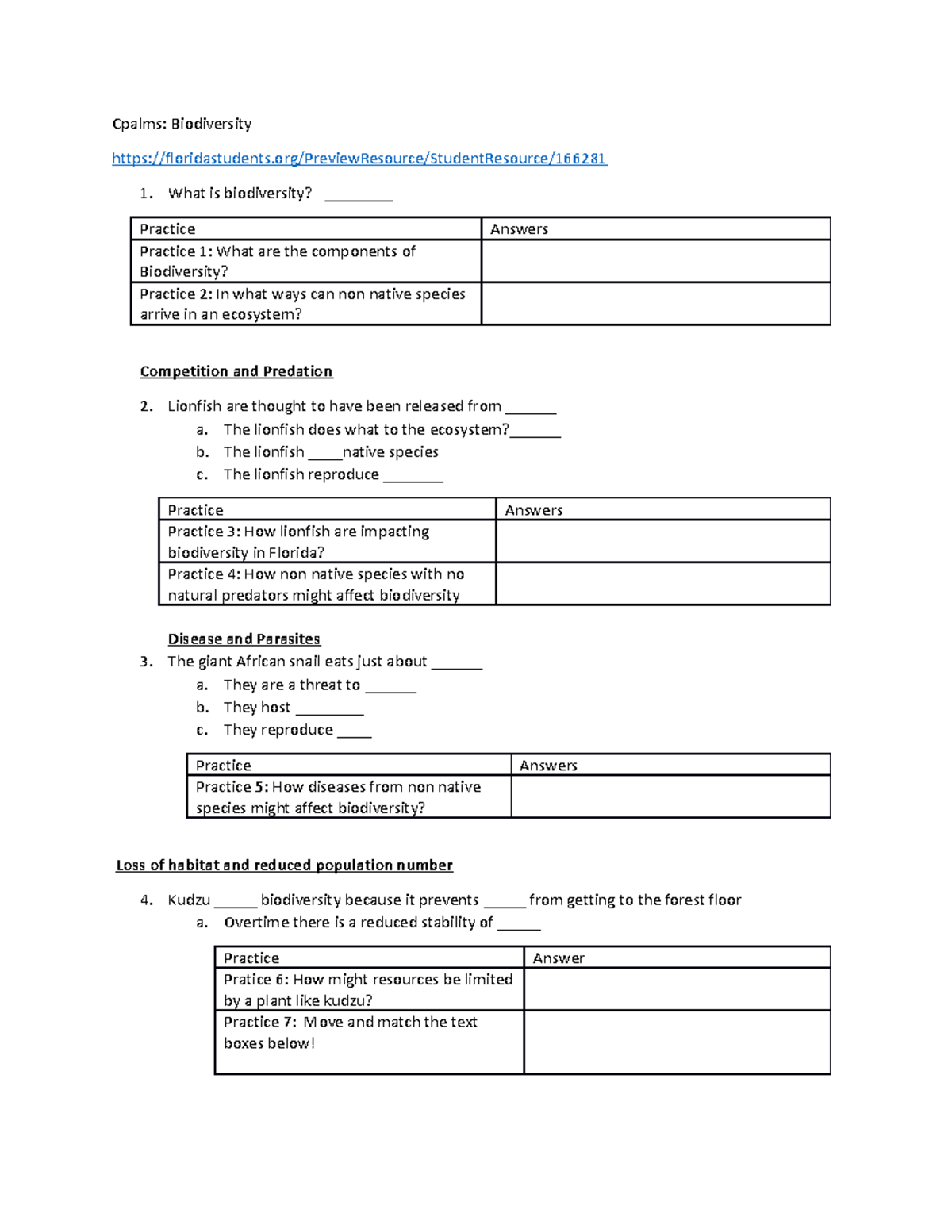 Cpalms Biodiversityand Non Native - Cpalms: Biodiversity - Studocu