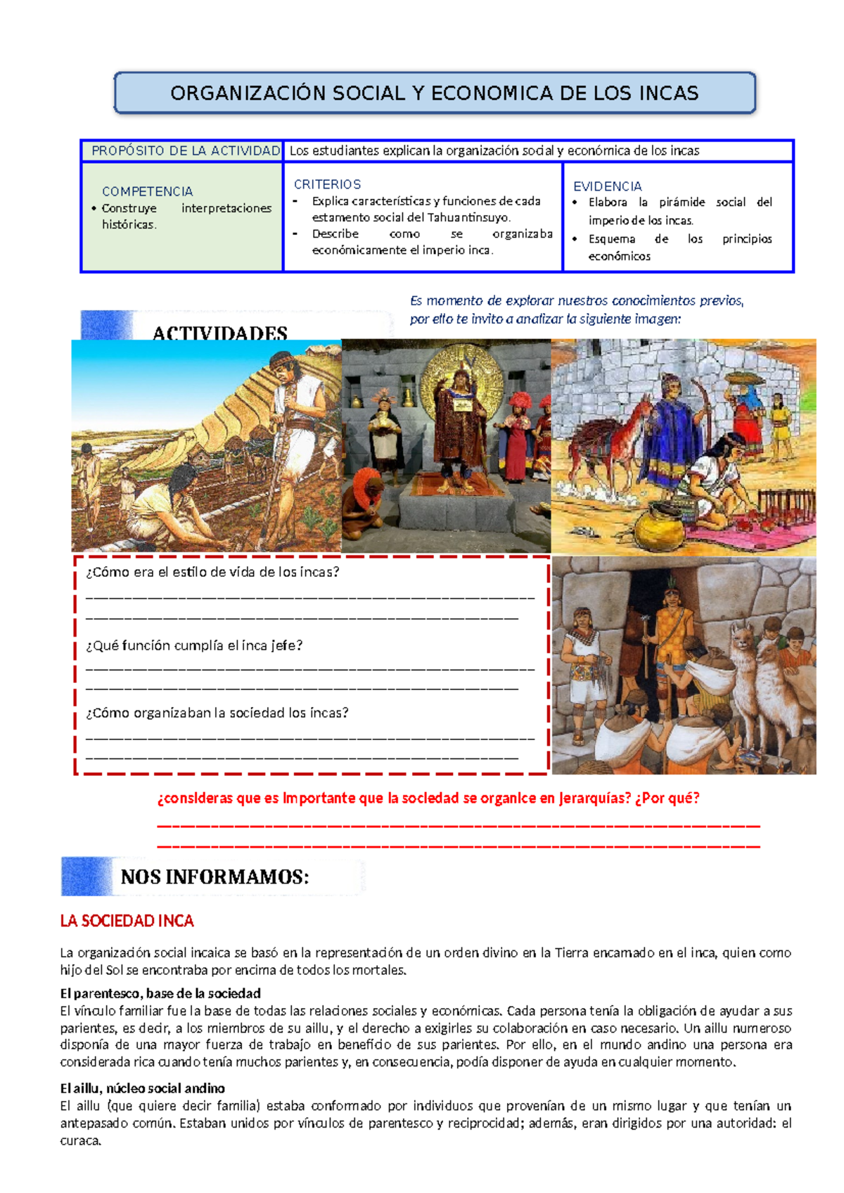 Ficha 3-Organizacion Social Y Economica DE LOS Incas - LA SOCIEDAD INCA La organización social ...