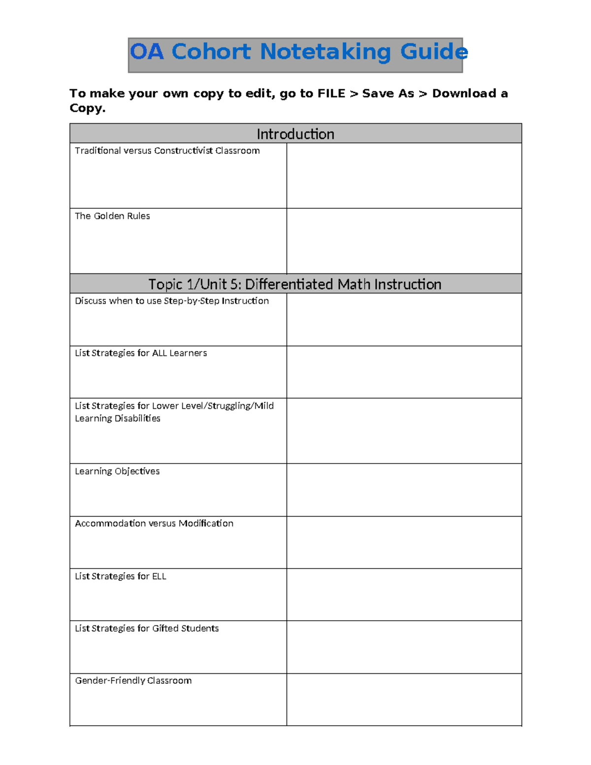 Math Methods Cohort Note Taking Guide - OA Cohort Notetaking Guide To ...