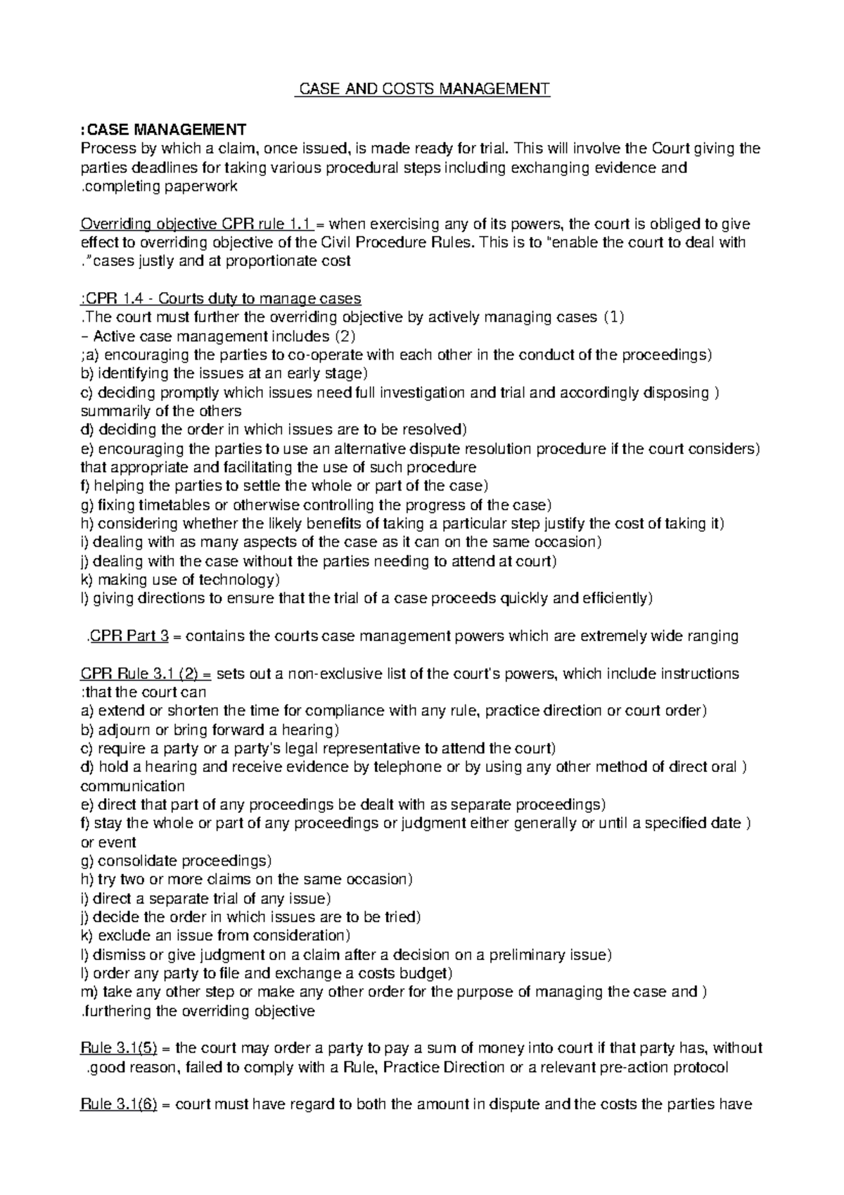 Dispute Resolution CASE AND Costs Management - CASE AND COSTS ...