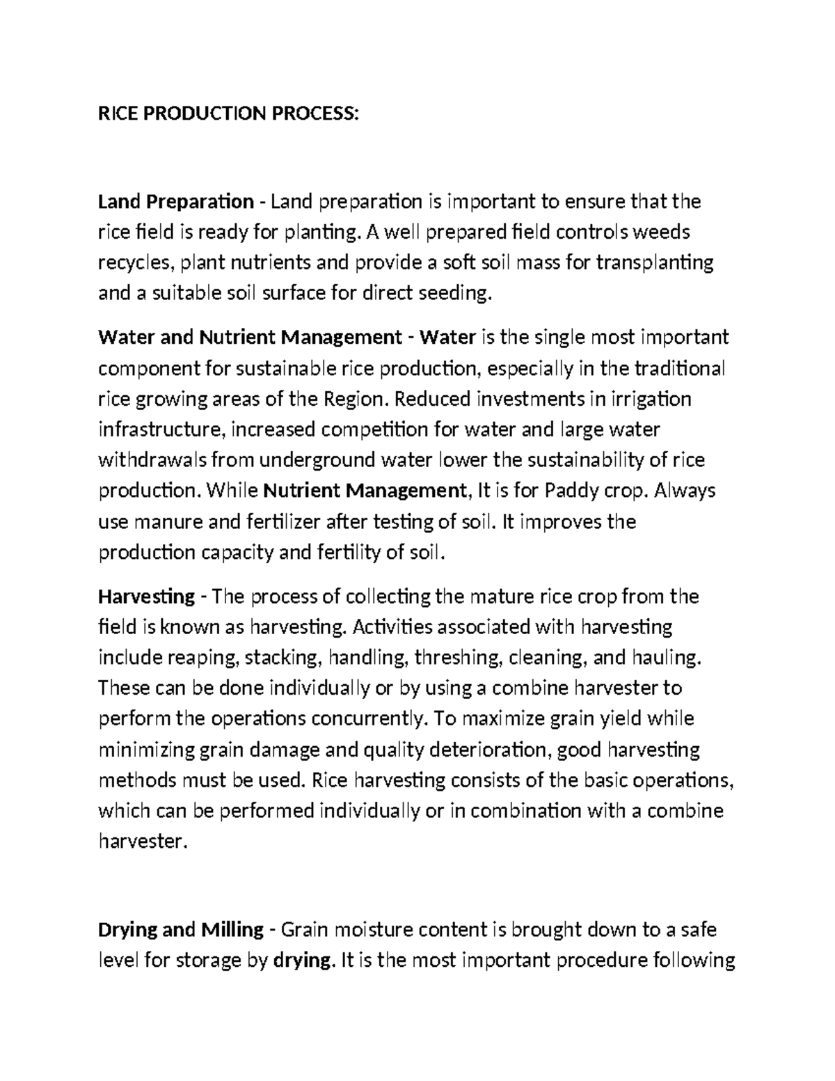 RICE Production - The process of rice - RICE PRODUCTION PROCESS: Land ...