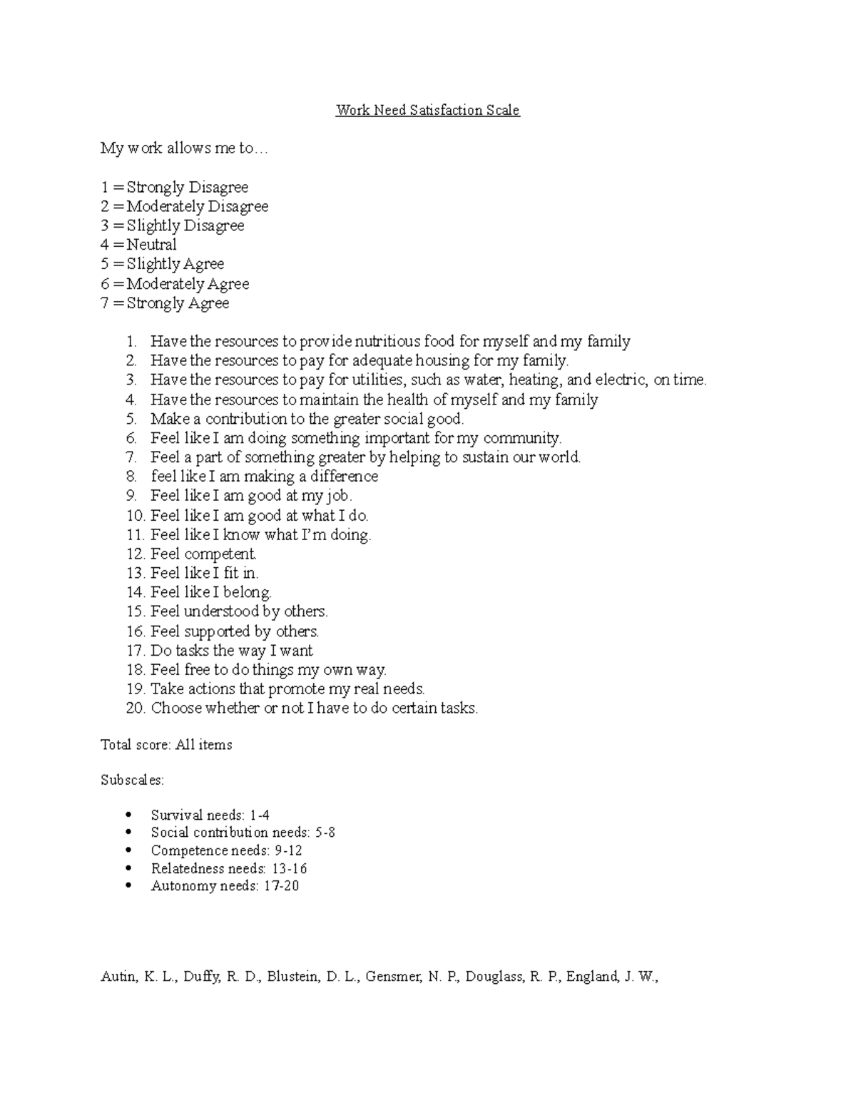 Work need satisfaction scale - Work Need Satisfaction Scale My work ...