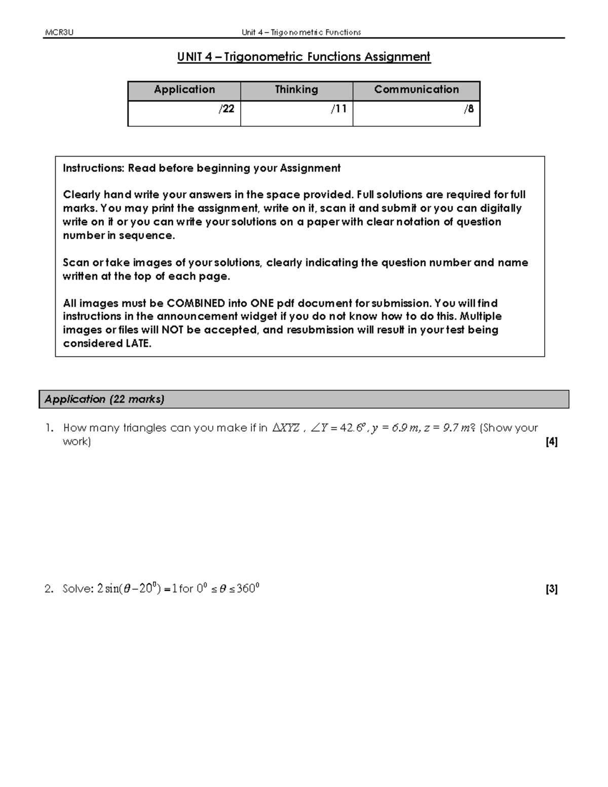 Unit 4 - Trigonometric Functions Assignment - UNIT 4 – Trigonometric Functions Assignment - Studocu