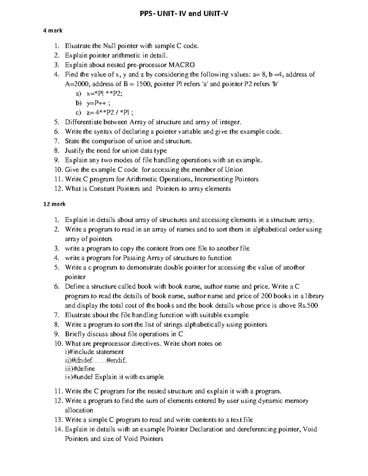 Question bank for ct 3 - PPS- UNIT- IV and UNIT-V 4 mark Illustrate the Null pointer with sample ...