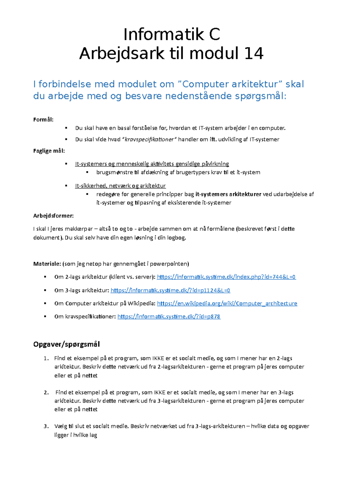 14.Modul - Arbejdsark-til-modul 14 - Computer arkitektur - Informatik C ...