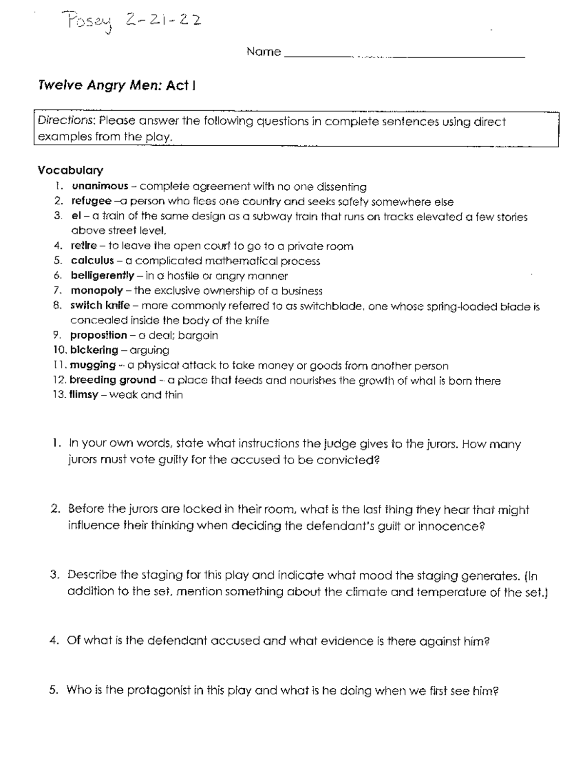 Twelve Angry Men Guided Reading - Studocu