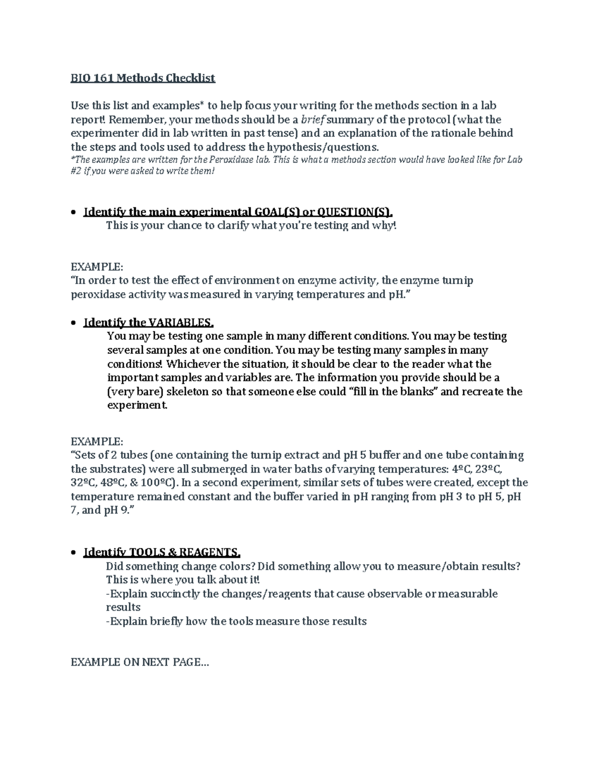 Methods Checklist - BIO 161 Methods Checklist Use this list and ...