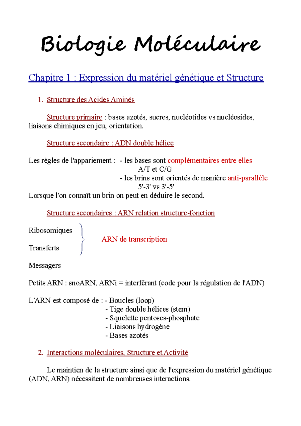 Biologie moléculaire - Chapitre 1, 2 - Biologie Moléculaire Chapitre 1 ...