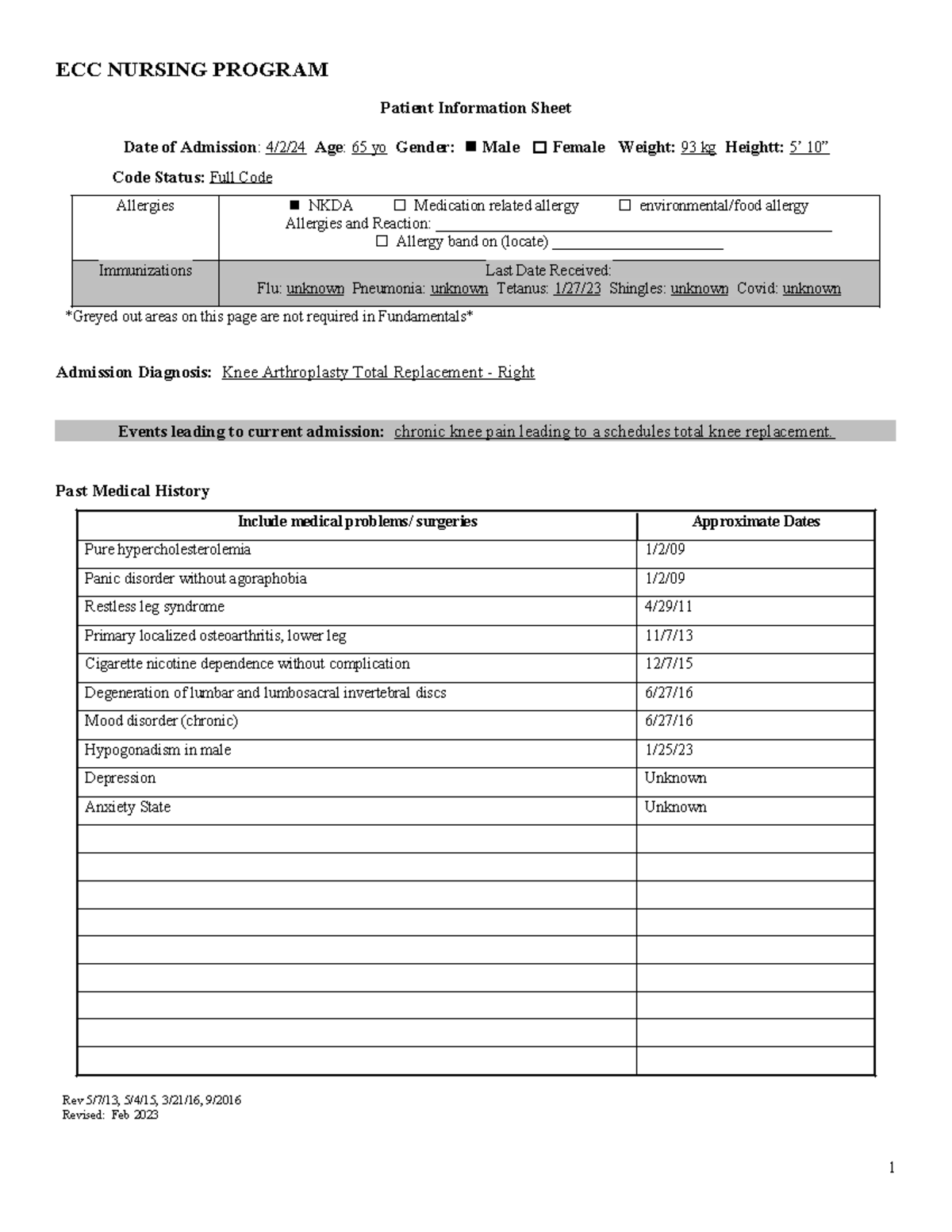 Week 6 Careplan - ECC NURSING PROGRAM Patient Information Sheet Date of ...
