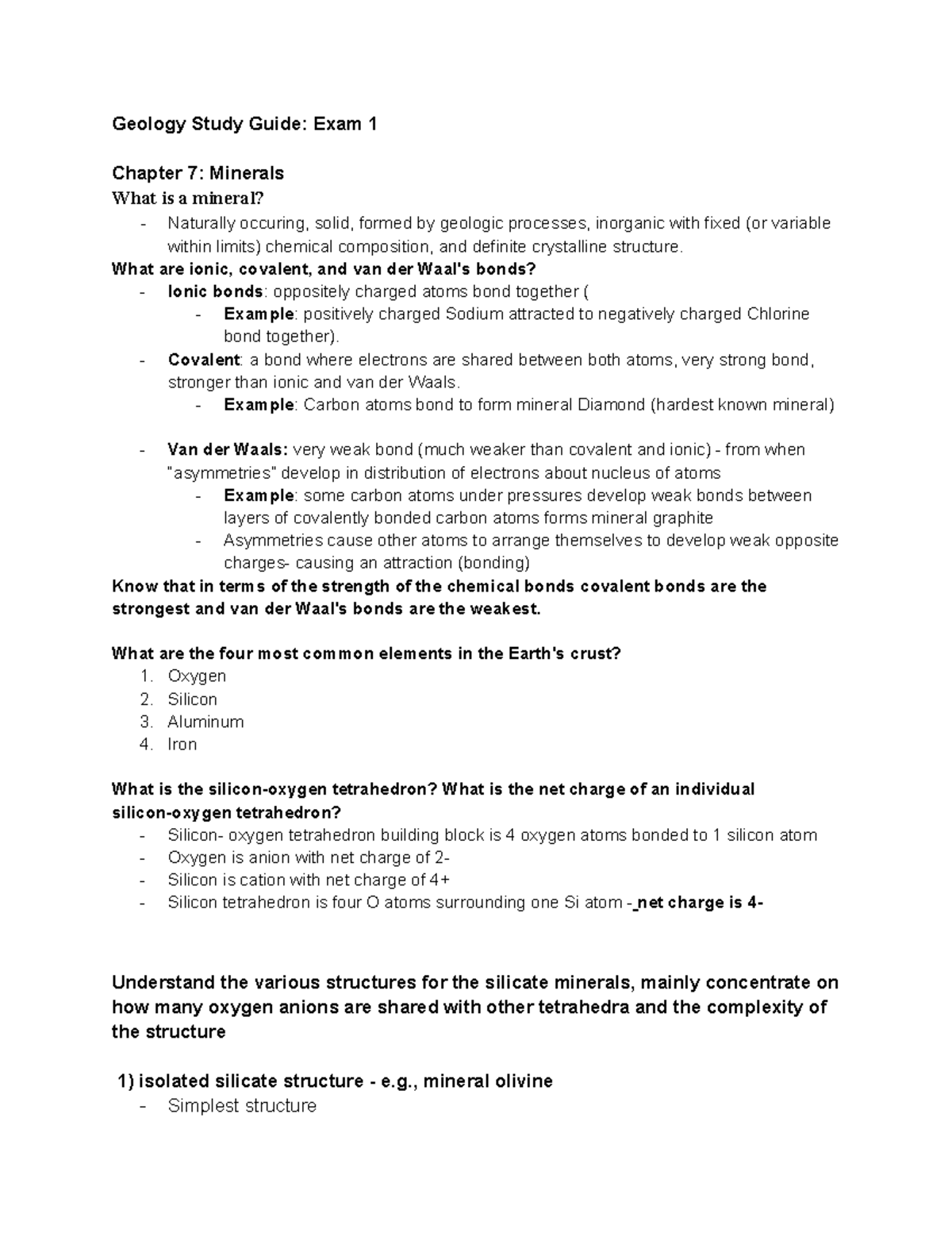 Geology Study Guide Exam 1 - What are ionic, covalent, and van der Waal ...