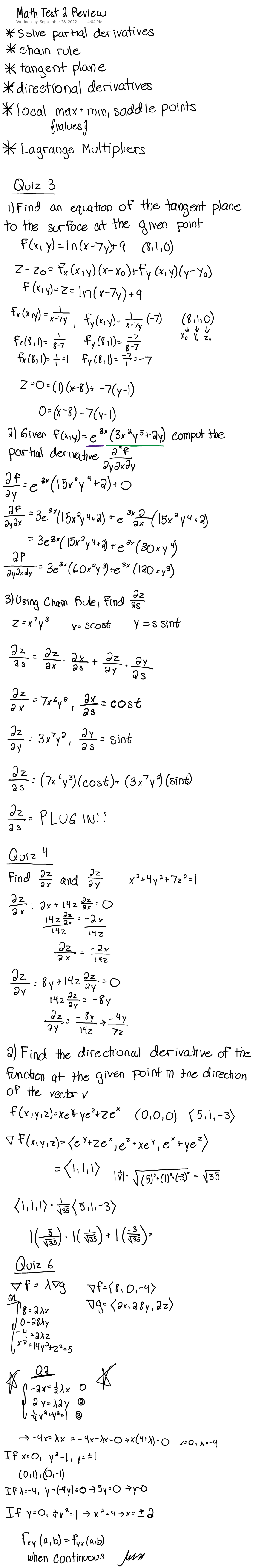 Test Practice Questions - Math Test 2 Review Solve partial derivatives ...