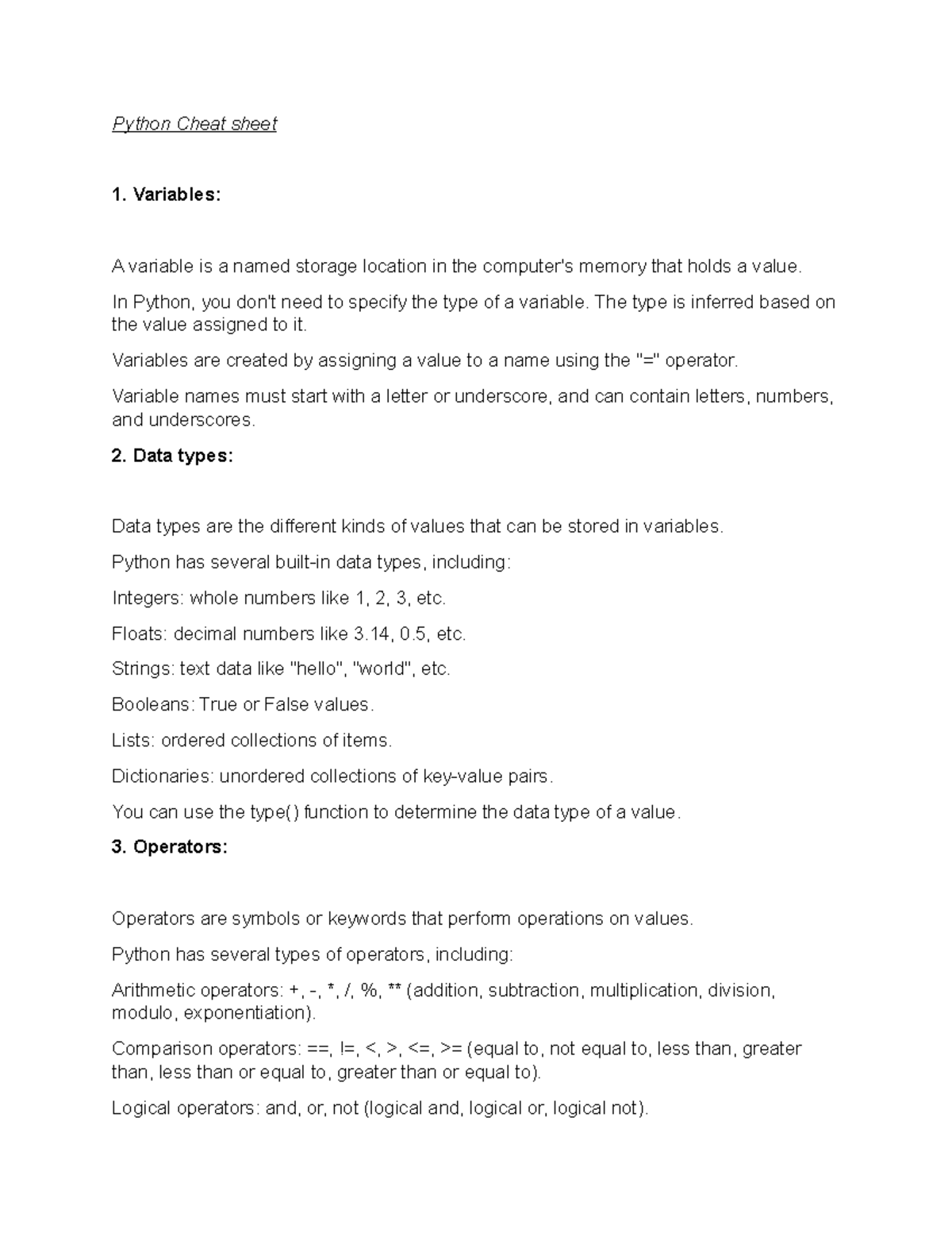 Python Cheat sheet(Copy) - Python Cheat sheet Variables: A variable is ...