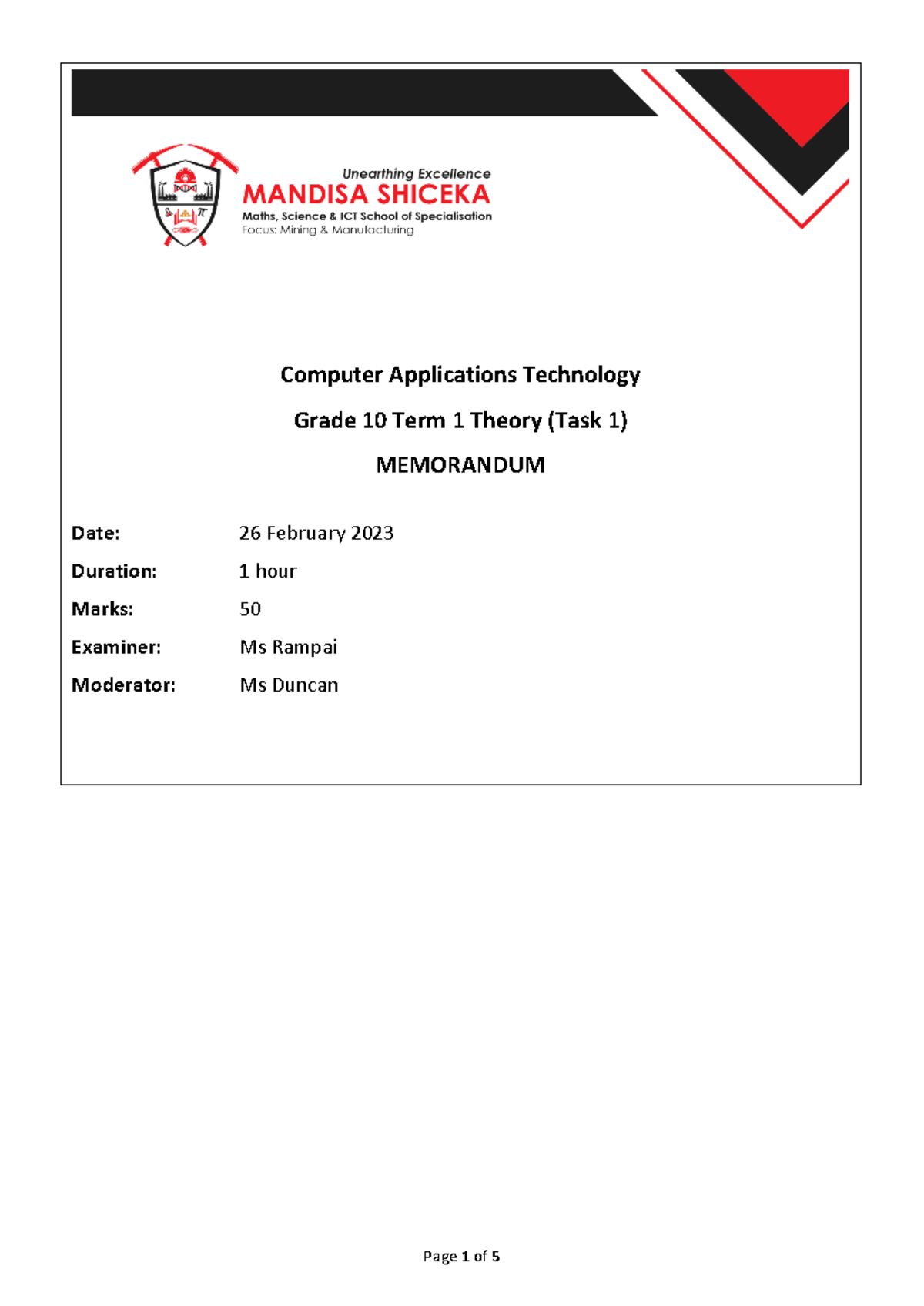 Gr10 Theory T1 2023 MEMO Final - Computer Applications Technology Grade 10 Term 1 Theory (Task 1 ...