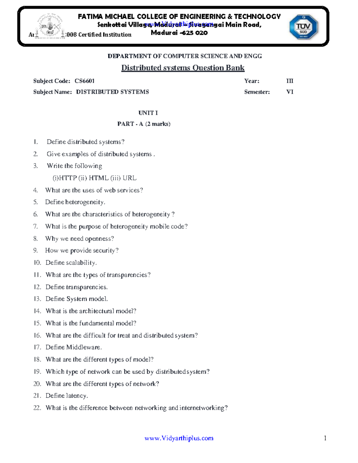 CS6601 DS QB - Distributed system power bank - Distributed System An ISO 9001:2008 Certified ...