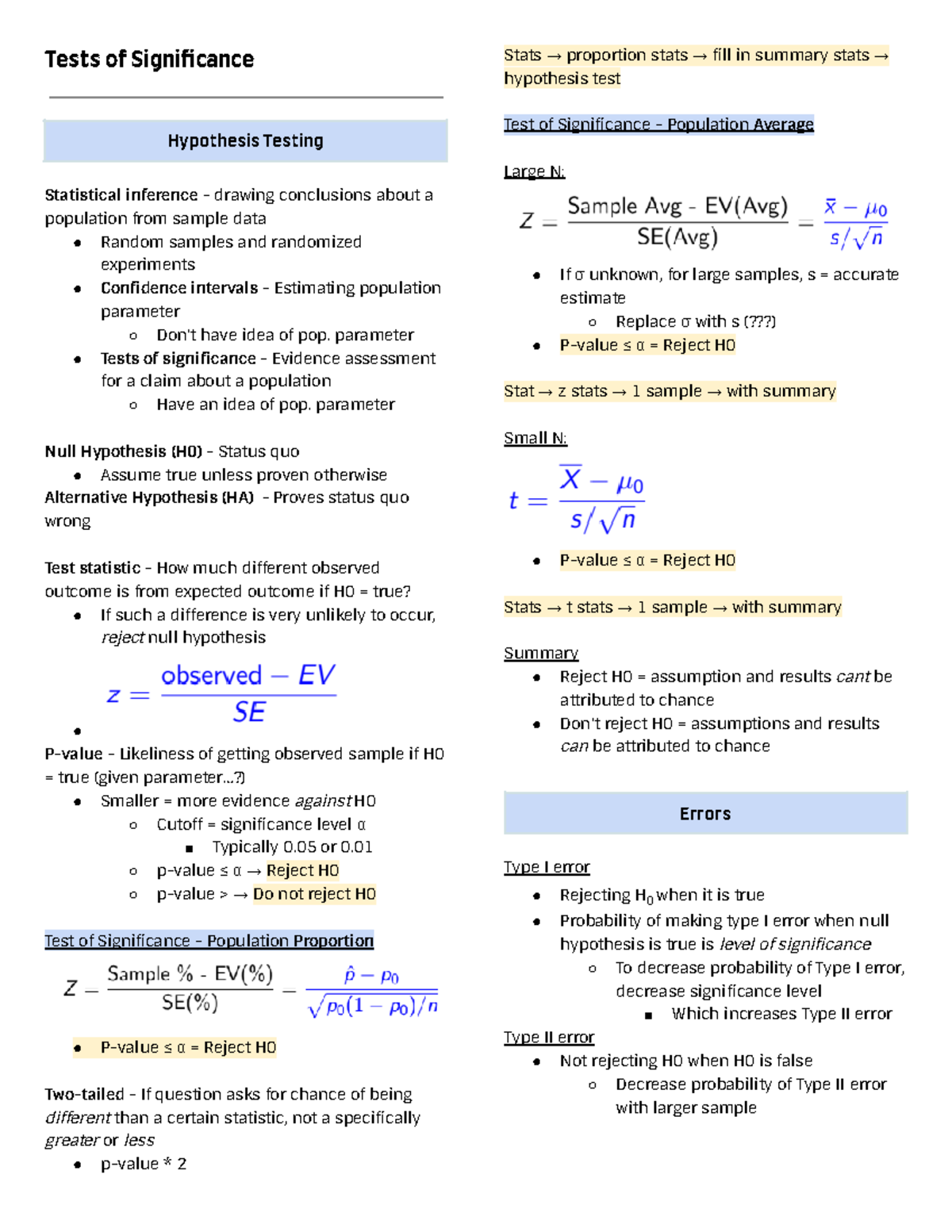 Stats Exam 4 Notes - Tests of Significance Hypothesis Testing ...