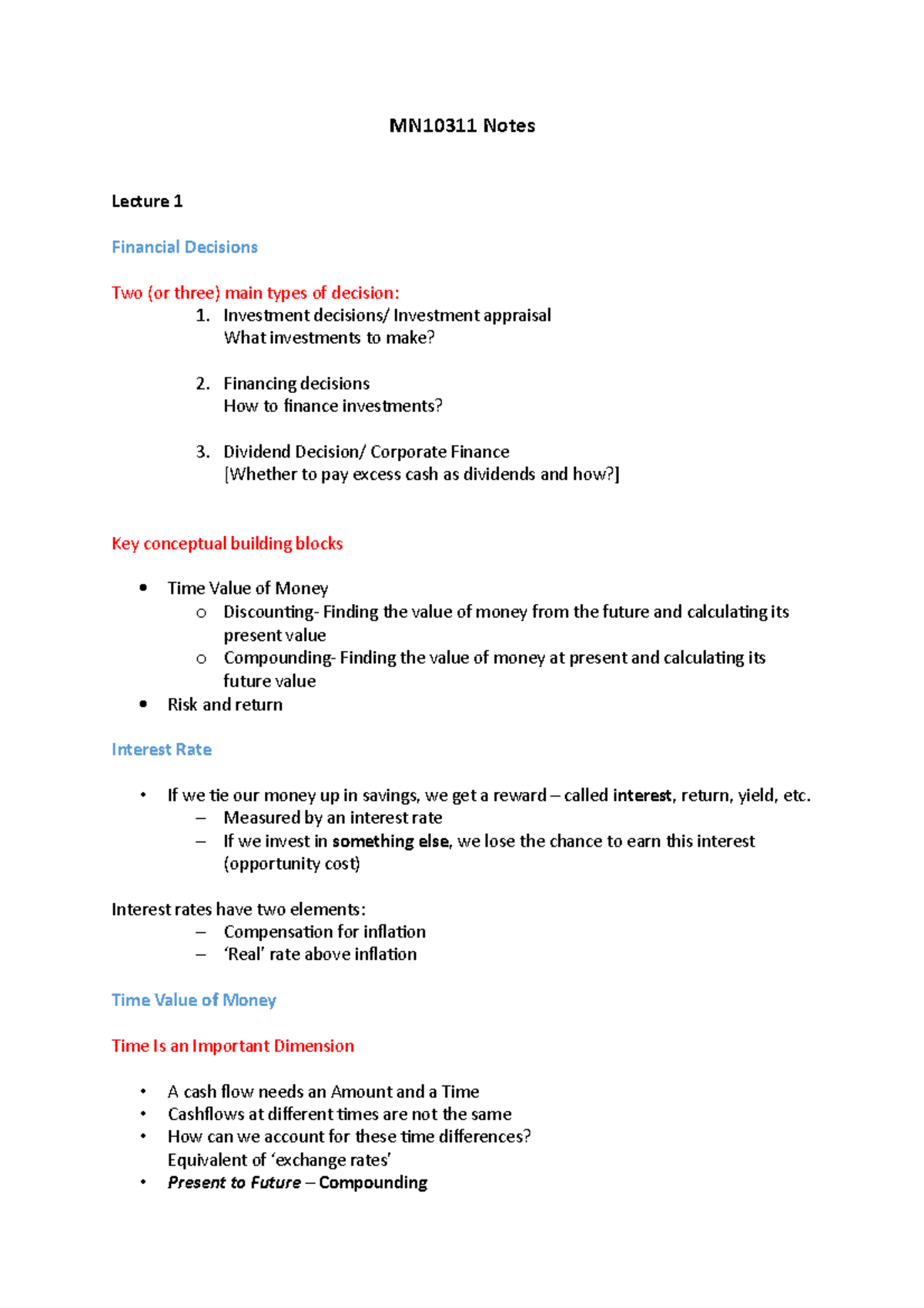 Week 1 Introduction To Module Mn10311 Notes Lecture 1 Financial Decisions Two Or Three