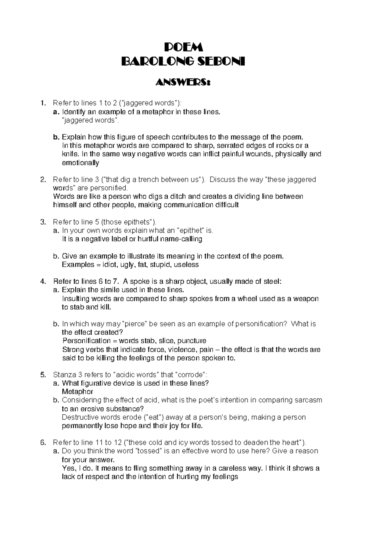 Gr 12 Eng Literature Memo 2505 - POEM BAROLONG SEBONI ANSWERS: Refer to ...