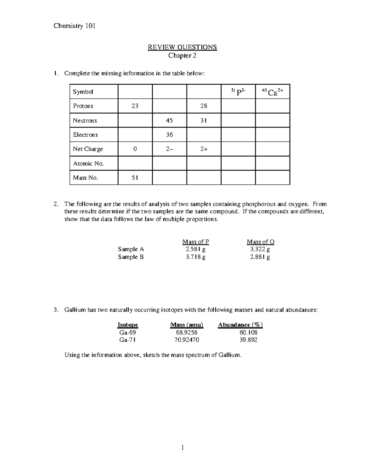CHE 101 C2 - PRACTICE MATERIAL - Chemistry 101 1 REVIEW QUESTIONS ...