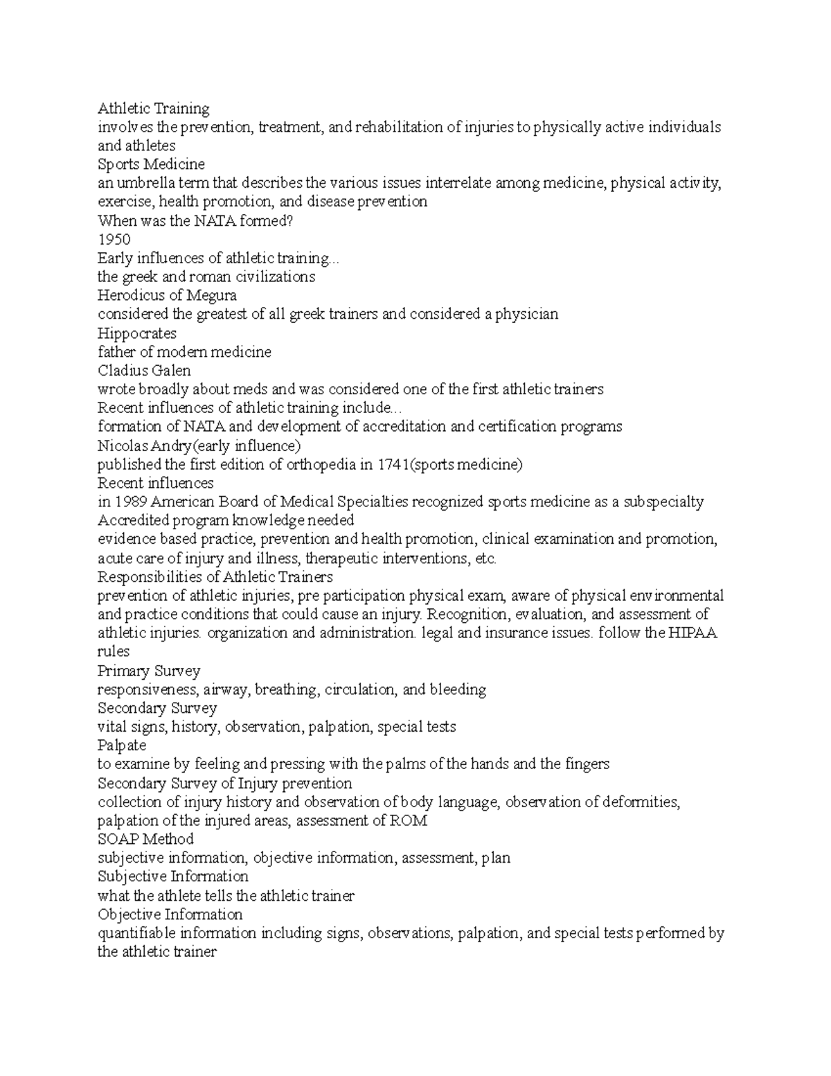 Es 5 - notes - Athletic Training involves the prevention, treatment ...