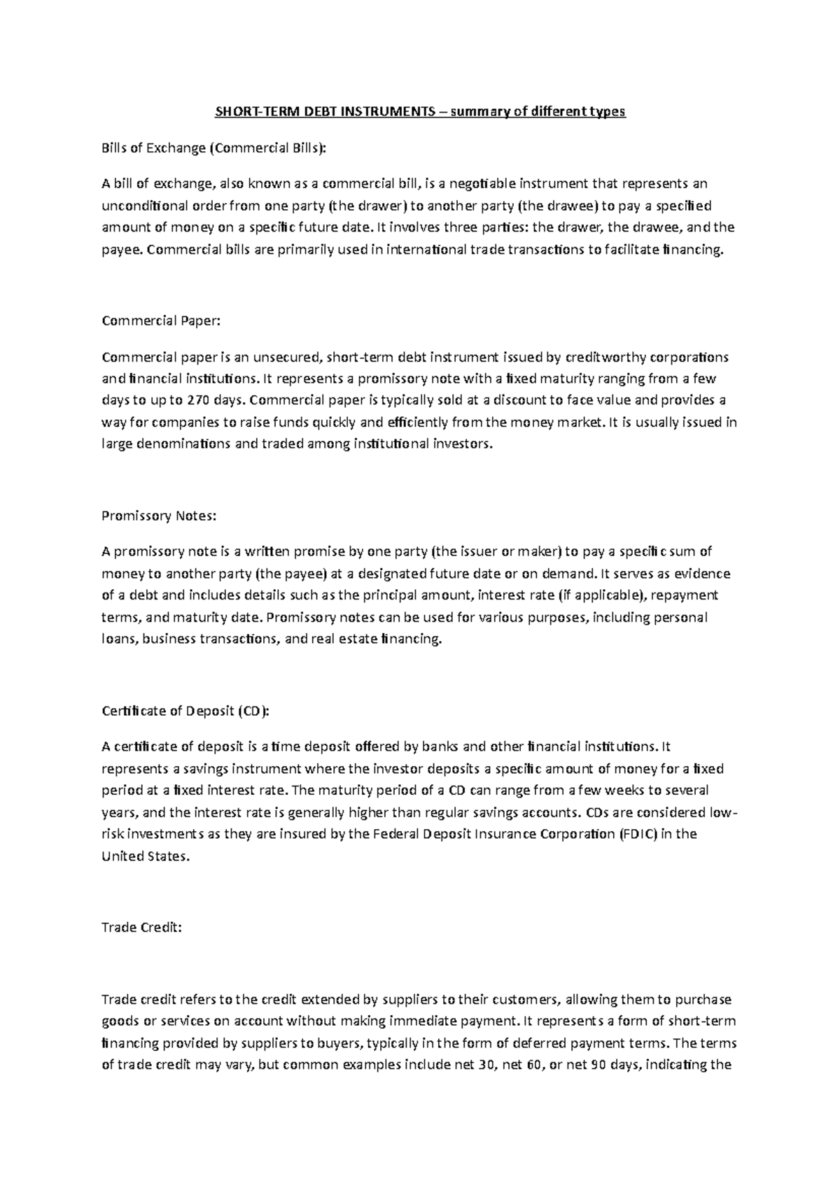 Short-term debt instruments summary - SHORT-TERM DEBT INSTRUMENTS ...