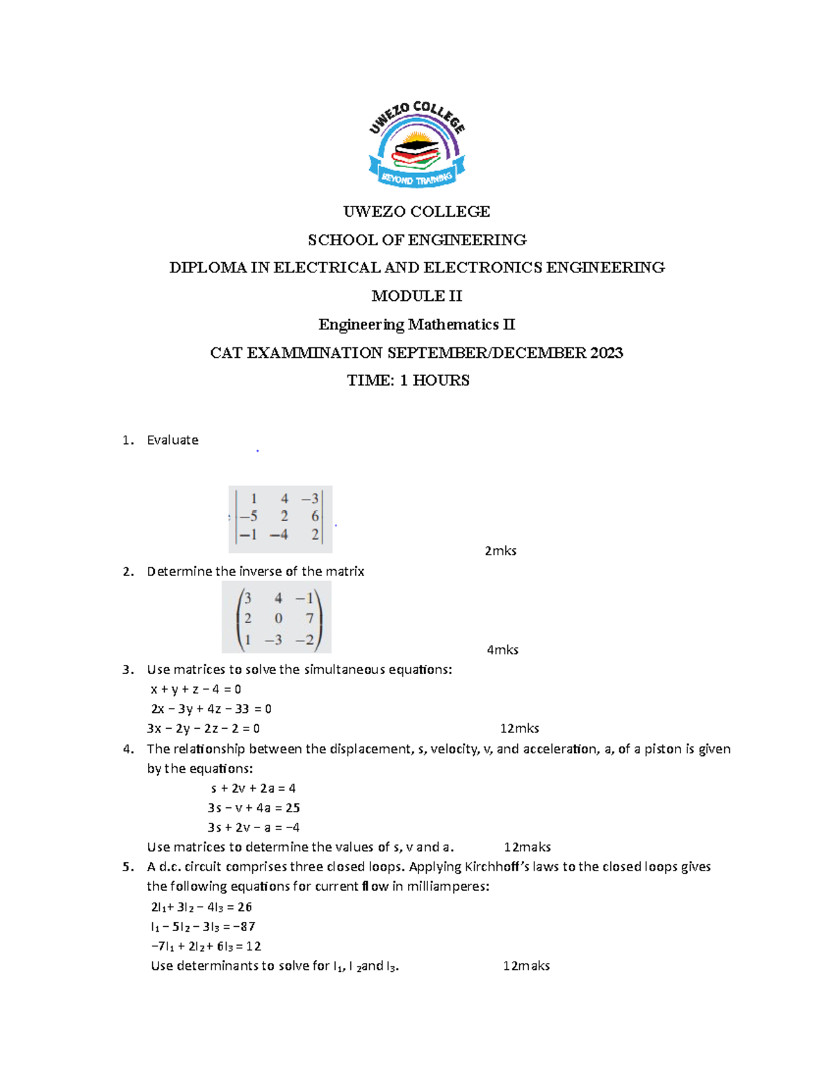 Engineering Mathematics II CAT - UWEZO COLLEGE SCHOOL OF ENGINEERING ...