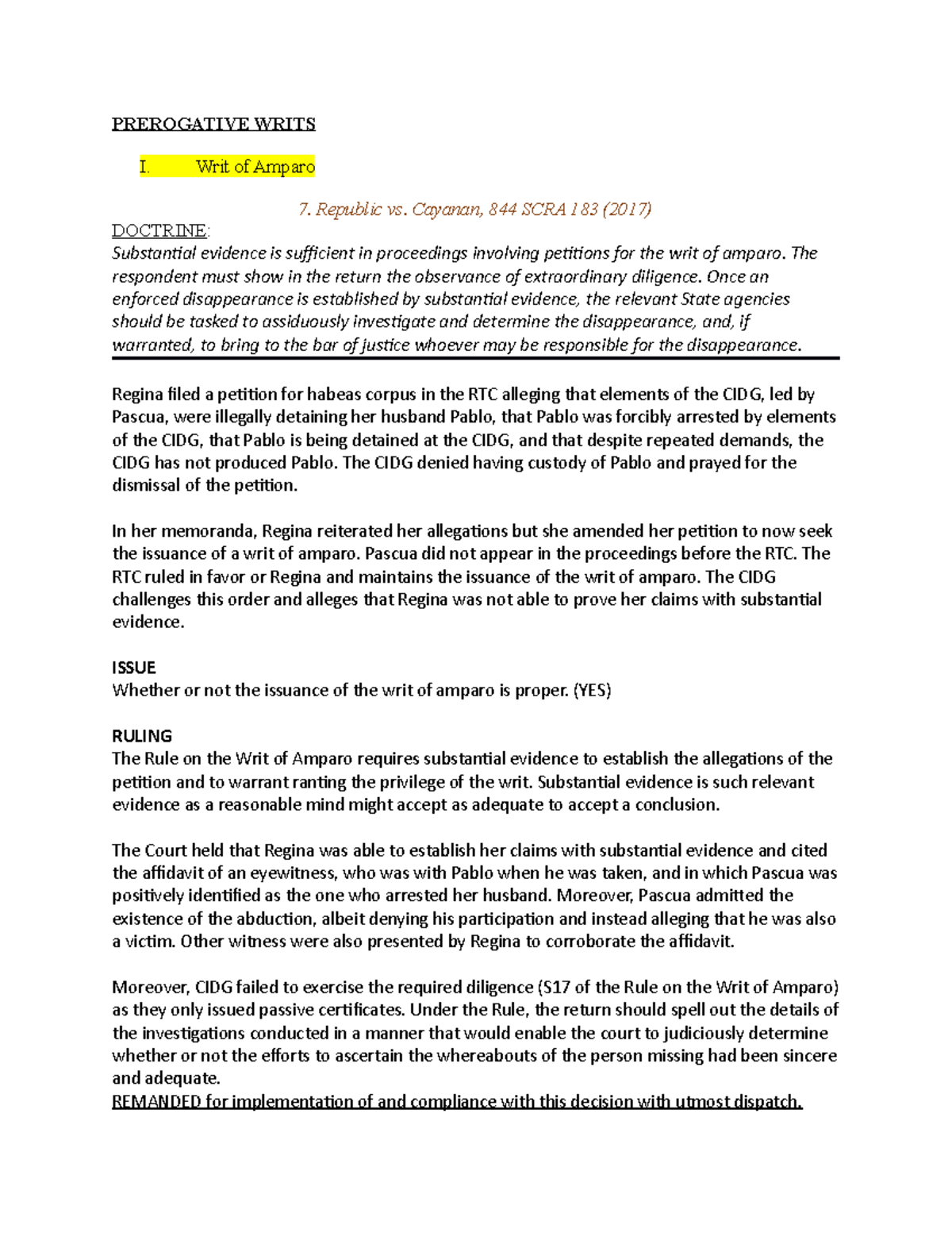 Digests - Prerogative Writs - PREROGATIVE WRITS I. Writ of Amparo ...