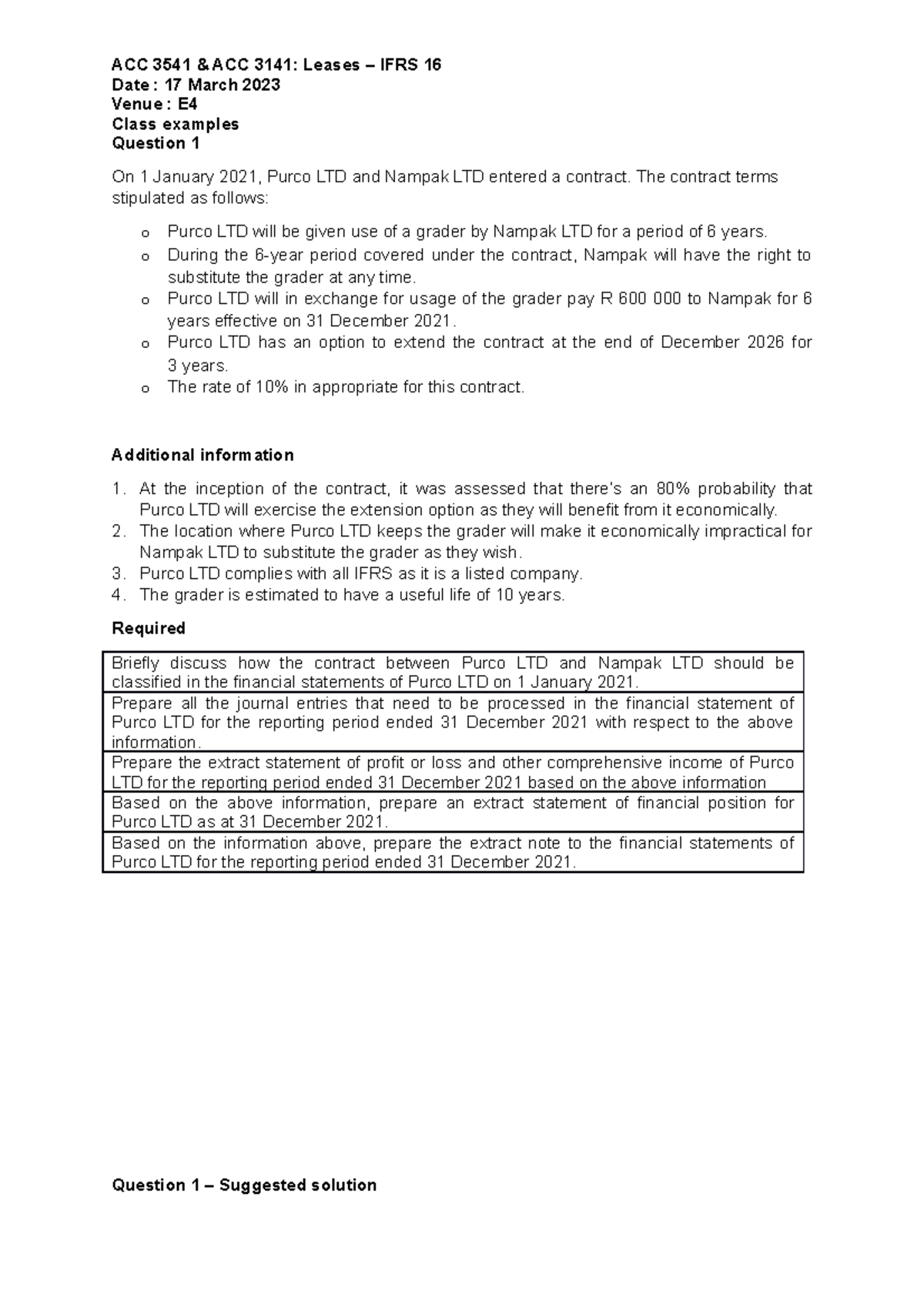 Leases class example-1 - Date : 17 March 2023 Venue : E Class examples Question 1 On 1 January ...