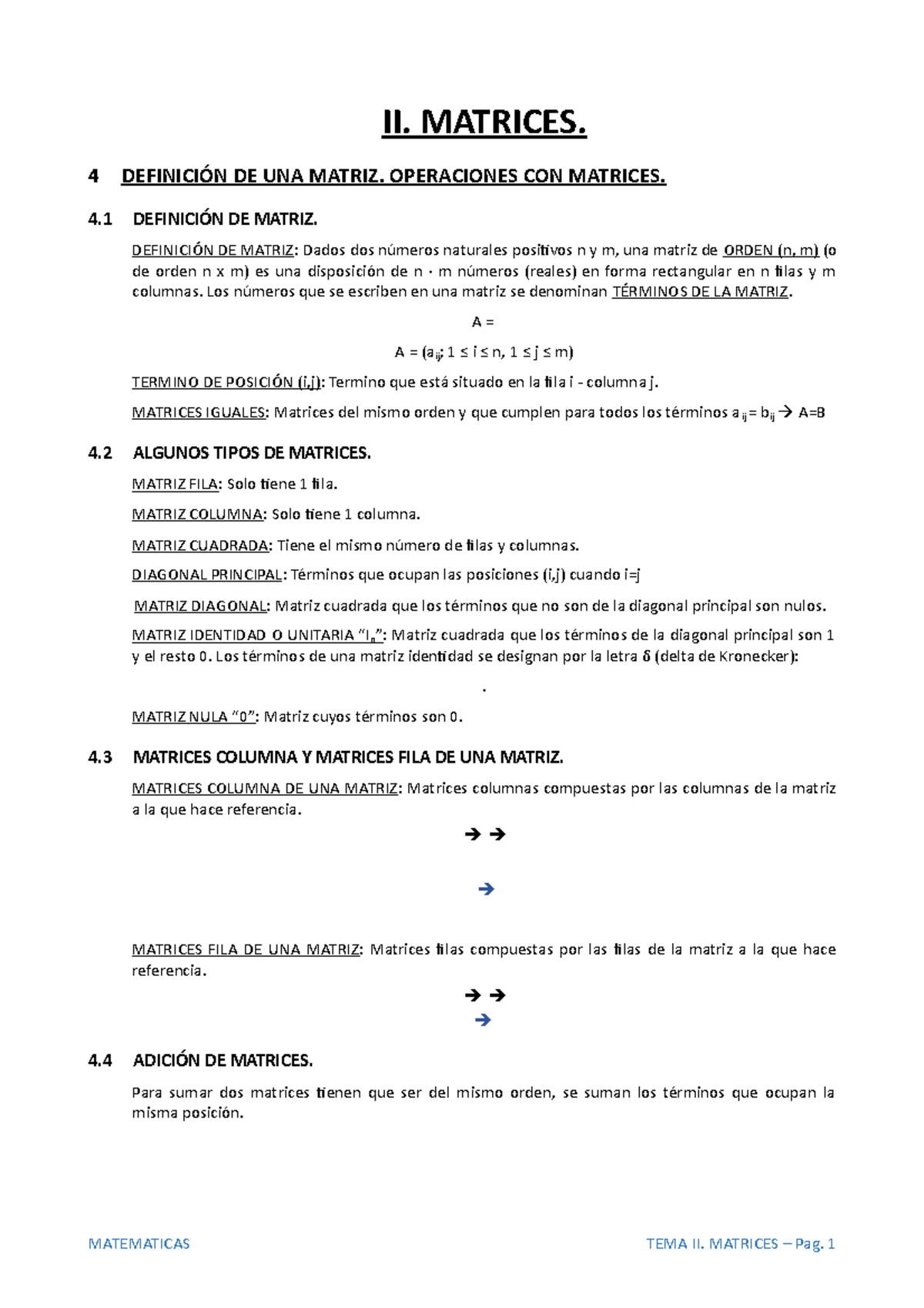 02 Matrices - Apuntes ADE UNED - 1º - II. MATRICES. 4 DEFINICIÓN DE UNA ...