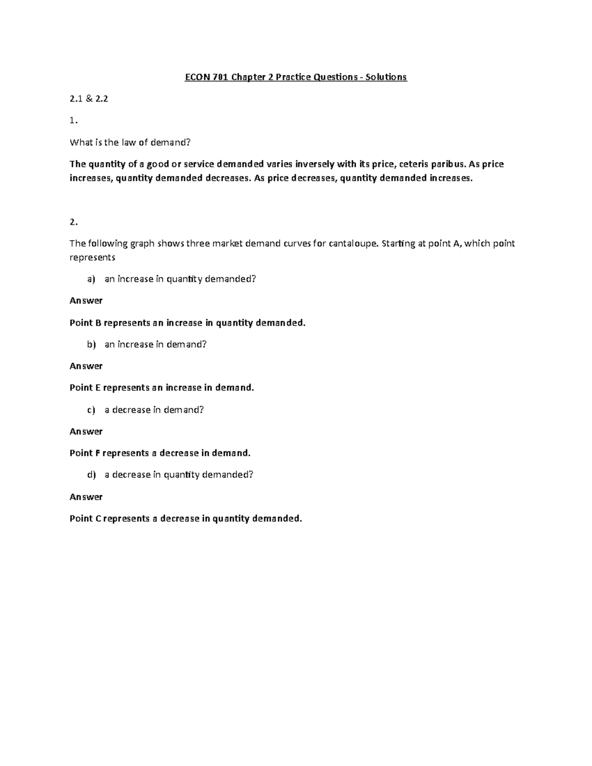 ECON 701 Chapter 2 Practice Questions - Solutions - ECON-206 ...