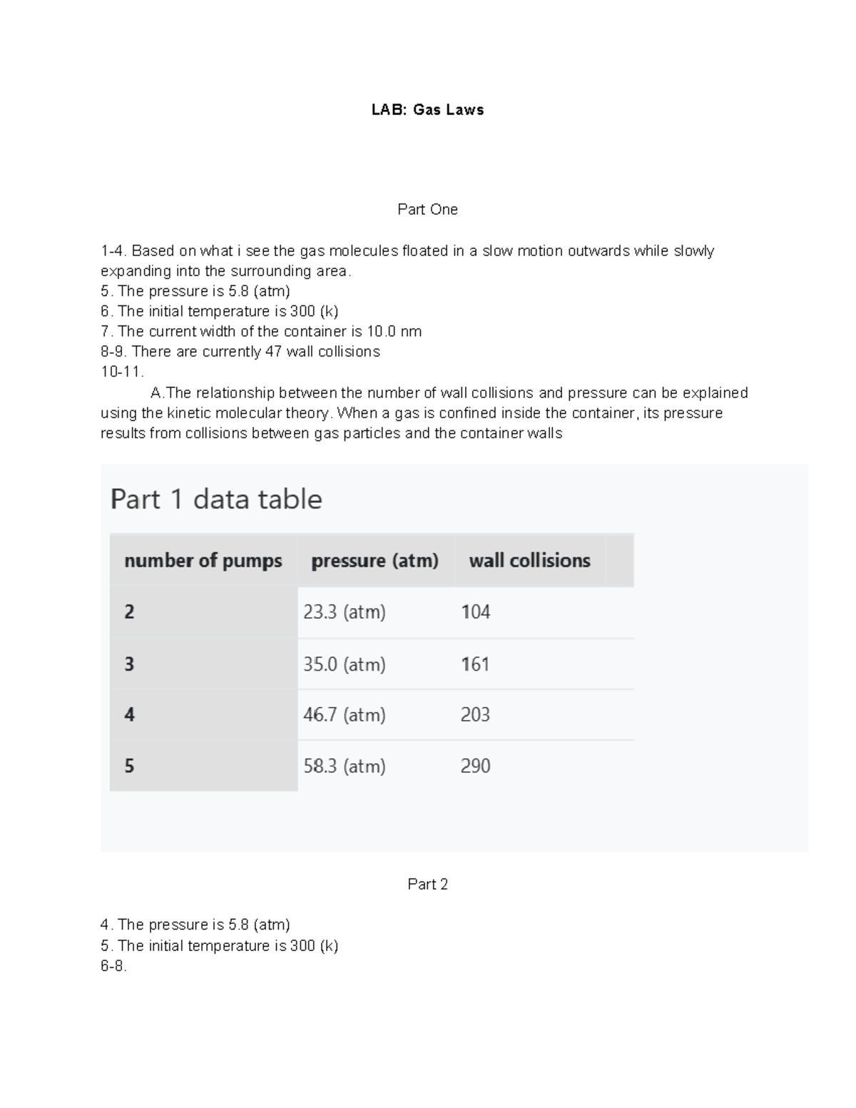 LAB Gas Laws - use as reference - LAB: Gas Laws Part One 1-4. Based on ...
