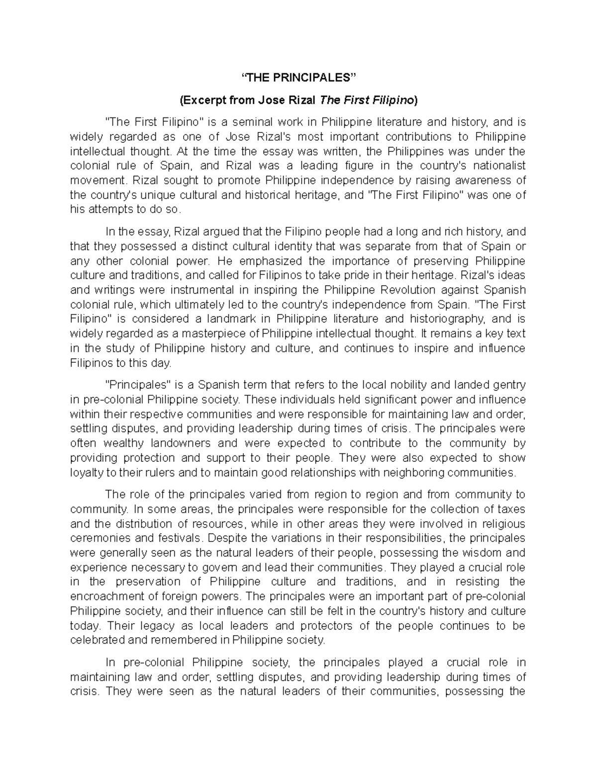 The Principales (Excerpt from Jose Rizal The First Filipino) - “THE ...