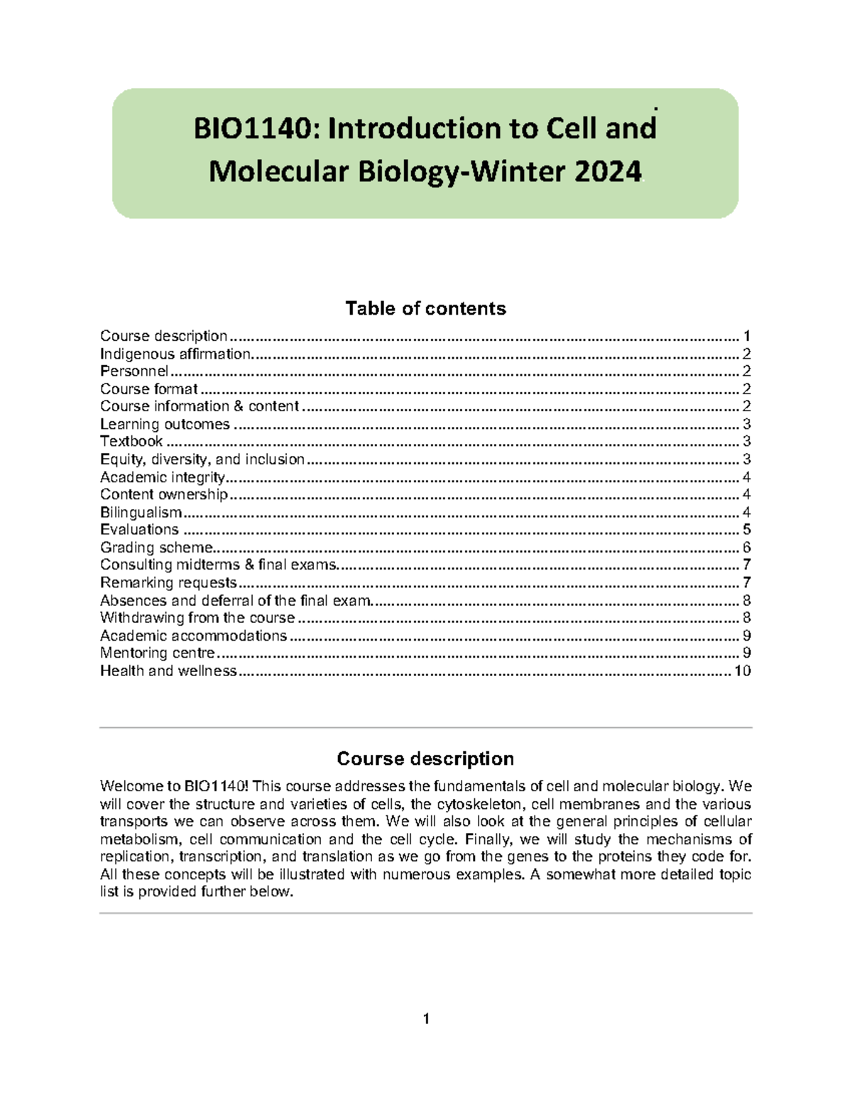 BIO1140-2024W-Syllabus - Table of contents Course description - Studocu