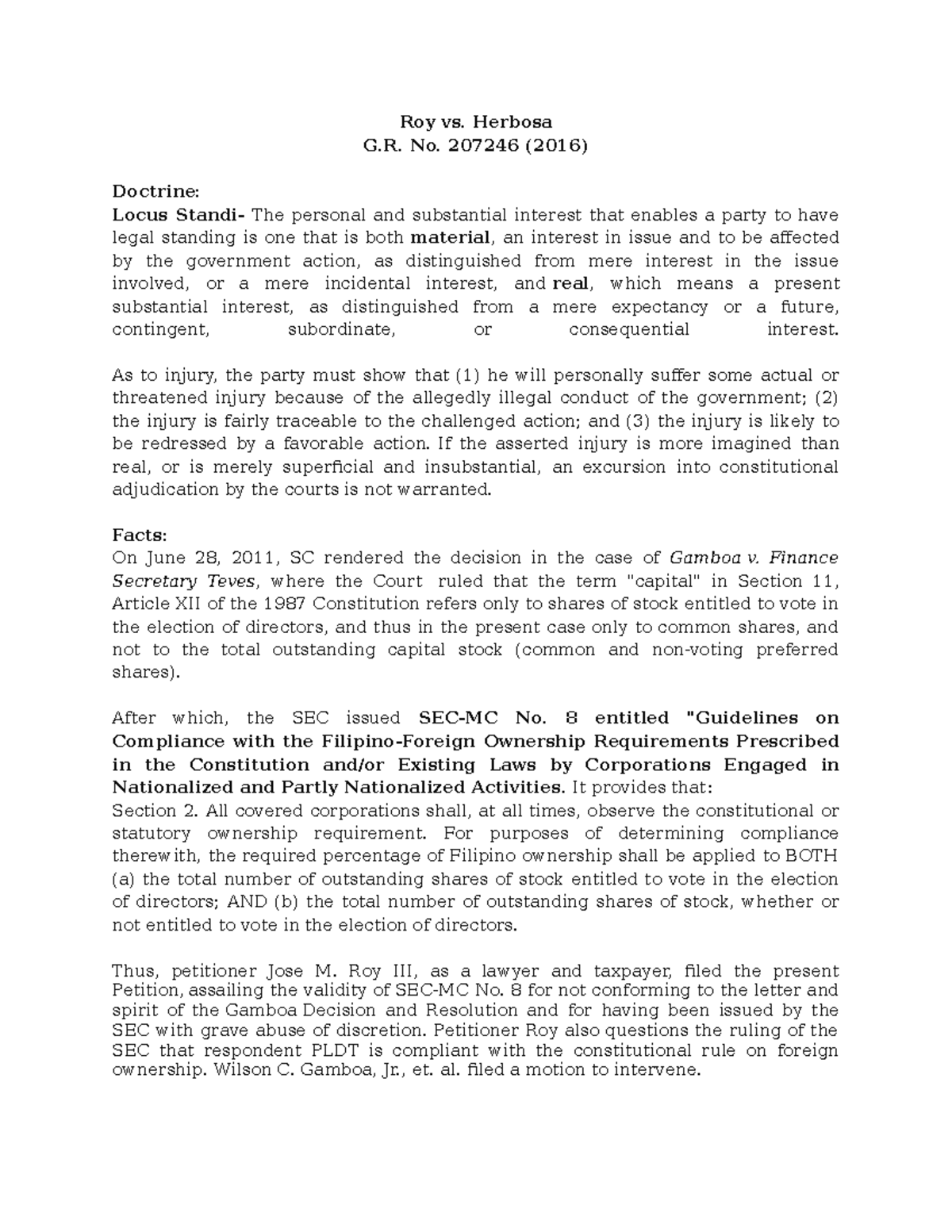 Roy vs. Herbosa G.R. No. 207246 (2016 ) - Roy vs. Herbosa G. No. 207246 ...