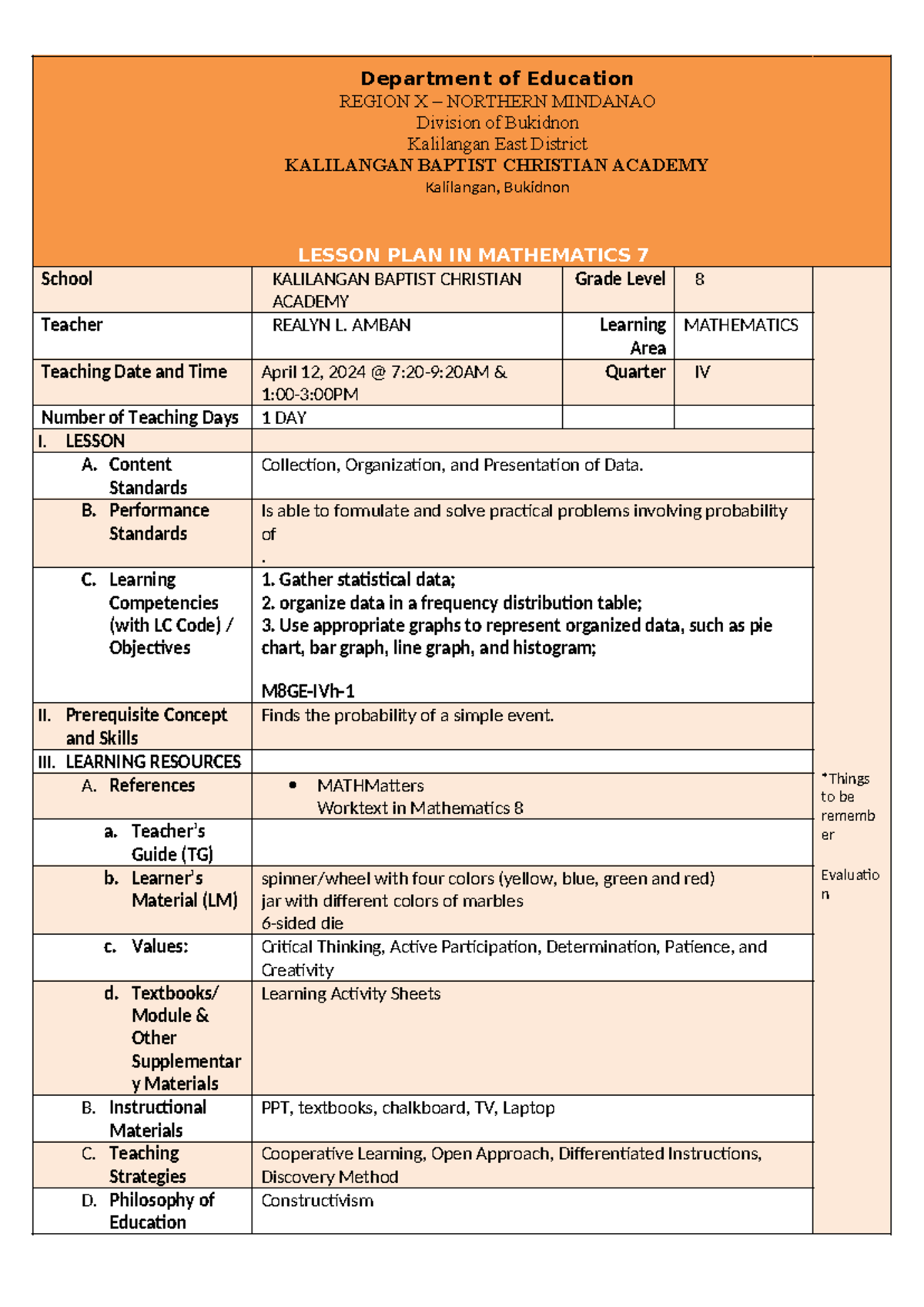 Math 7-collection of data - LESSON PLAN IN MATHEMATICS 7 School ...