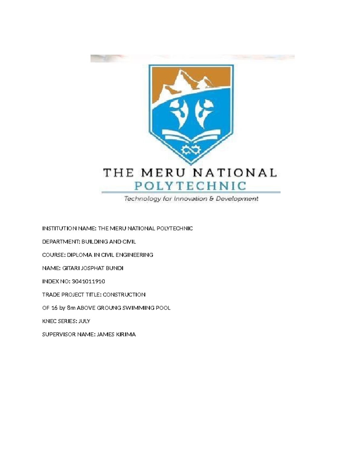 2707-1910-TP- Gitari Josphat Bundi - INSTITUTION NAME: THE MERU NATIONAL POLYTECHNIC DEPARTMENT ...