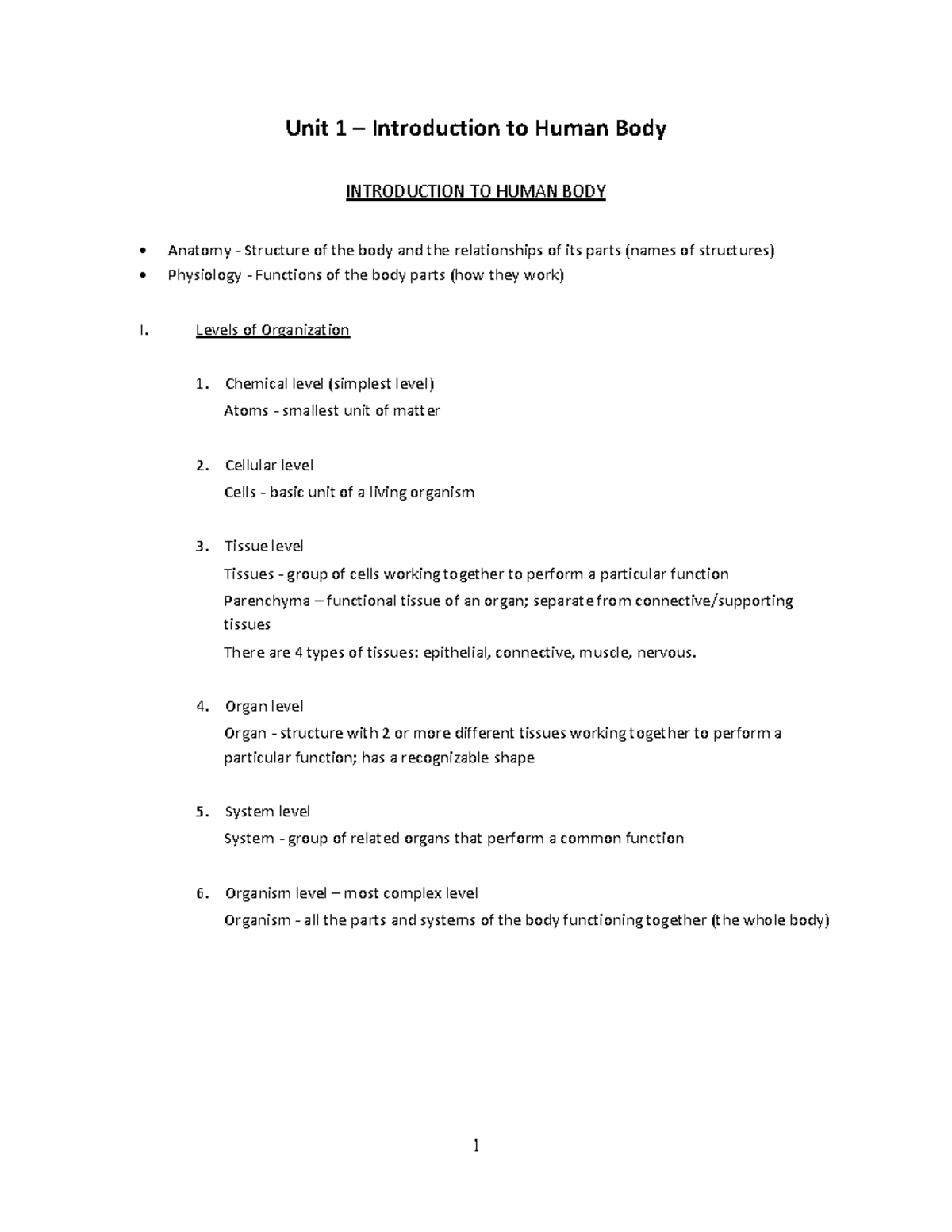 Unit 1 Introduction to Human Body - Unit 1 – Introduction to Human Body ...