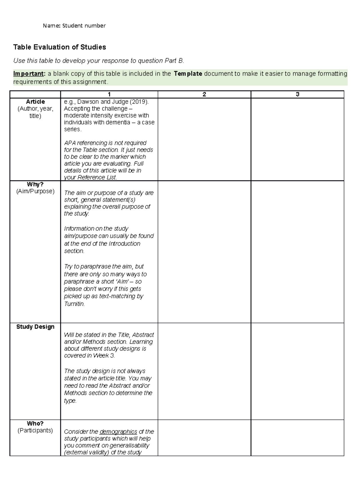 Table and help notes 2023 - Table Evaluation of Studies Use this table ...